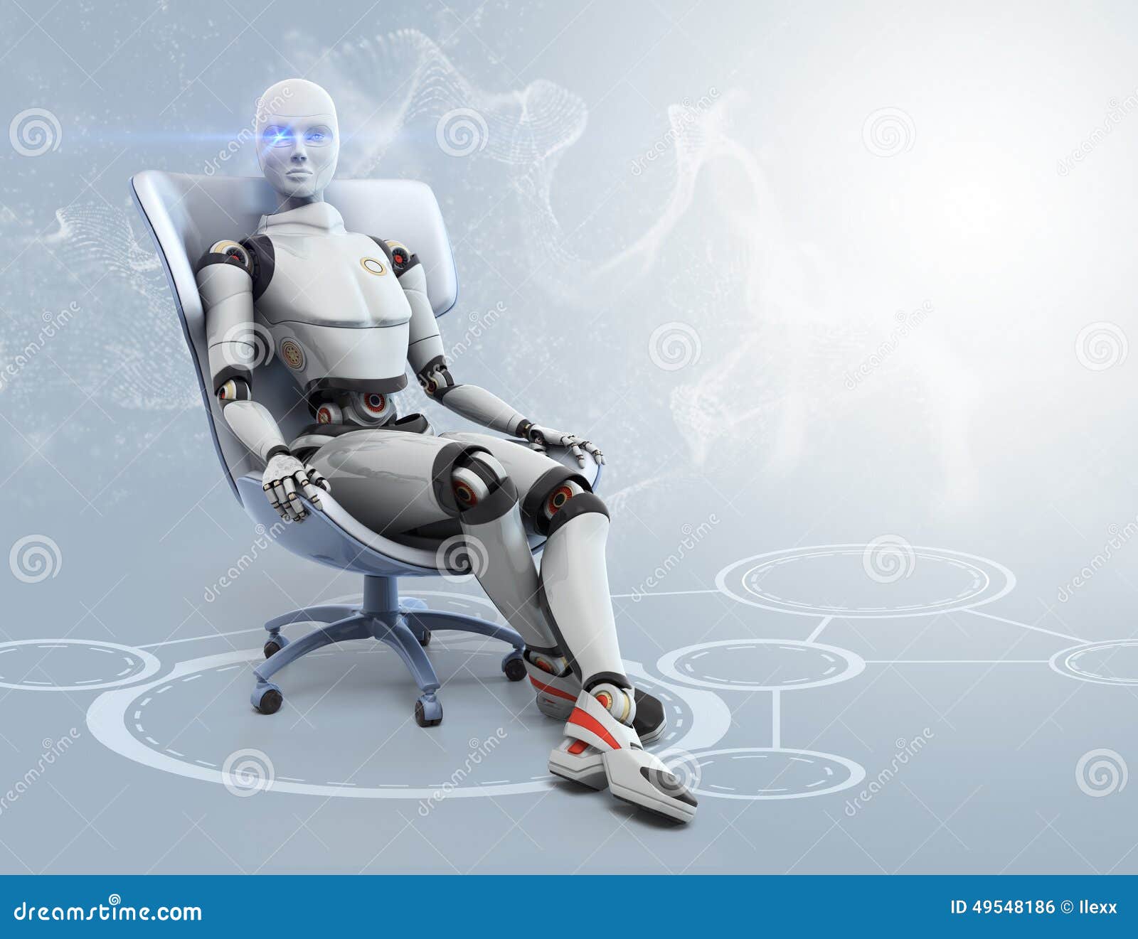 Cyborg sits in a chair stock illustration. Illustration of seat - 49548186
