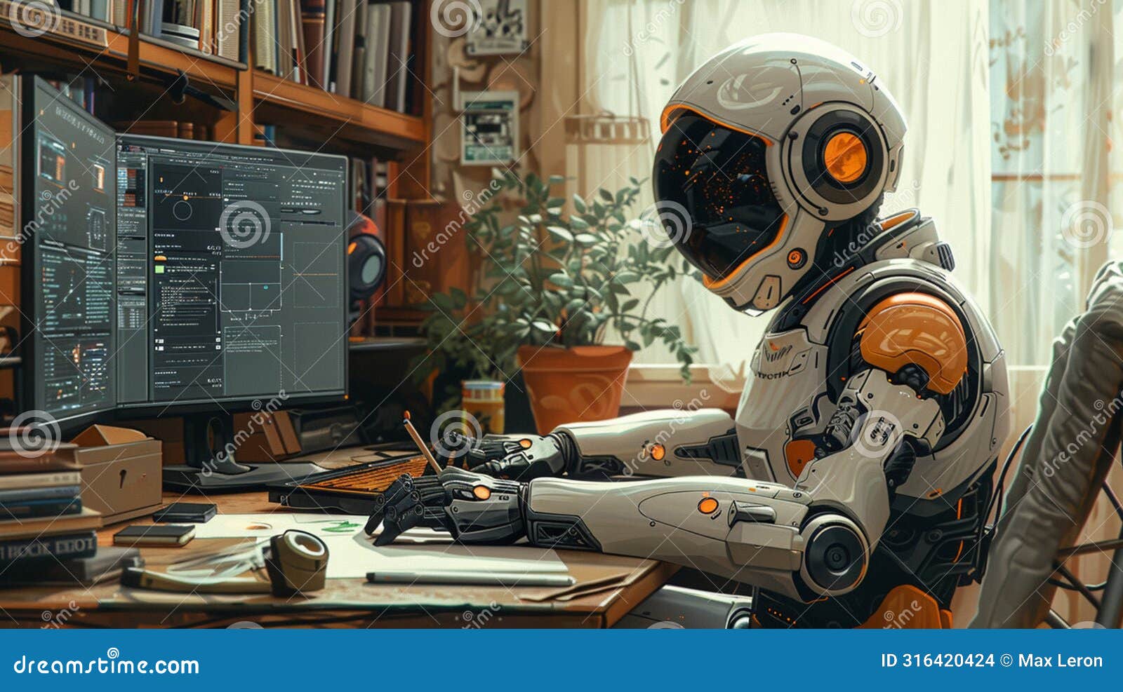 A Cyborg Sitting at a Desk Creating Programming Stock Illustration ...
