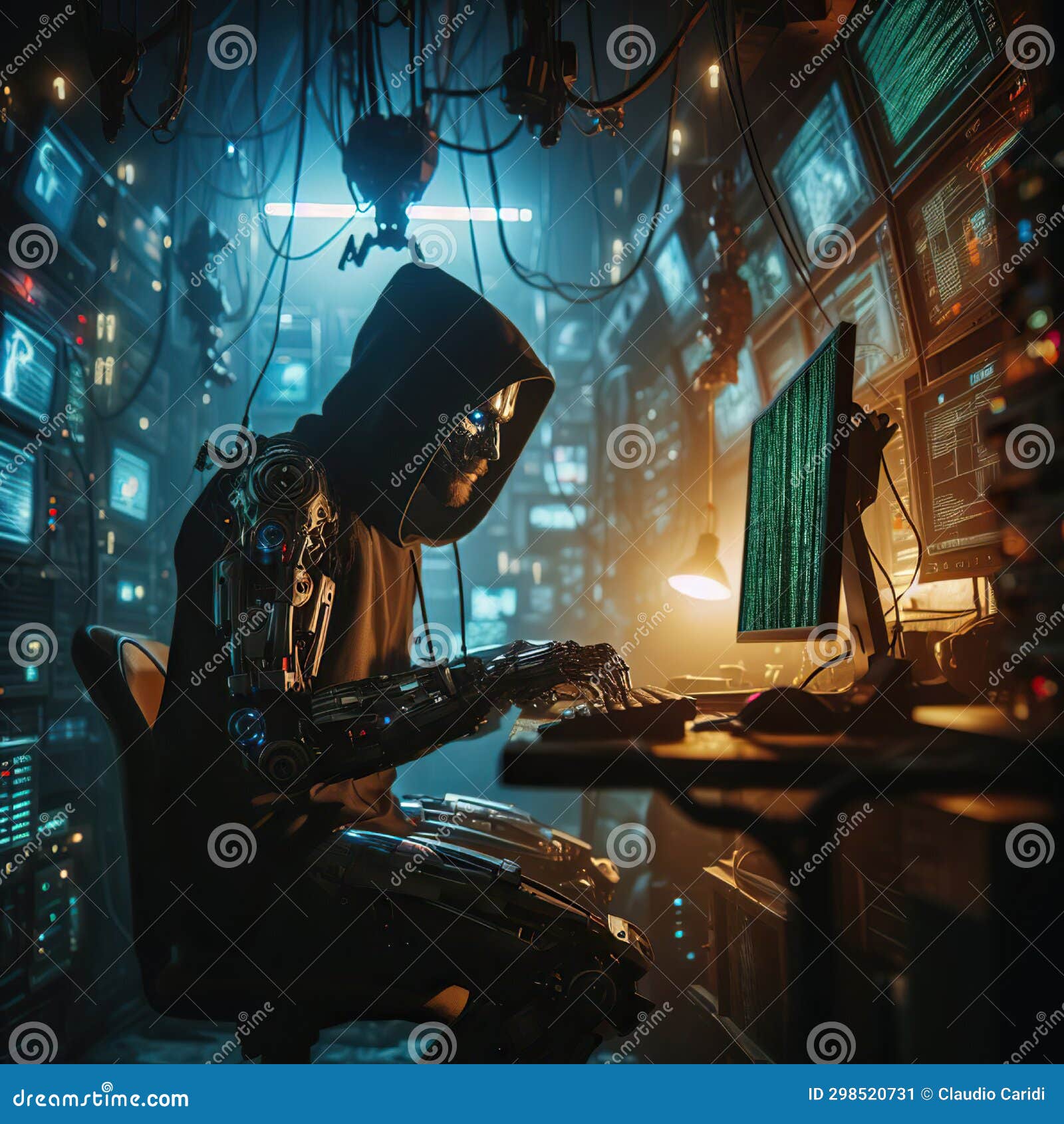 A Cyborg Sitting in Front of a Screen Attempting To Hack an Encryption ...