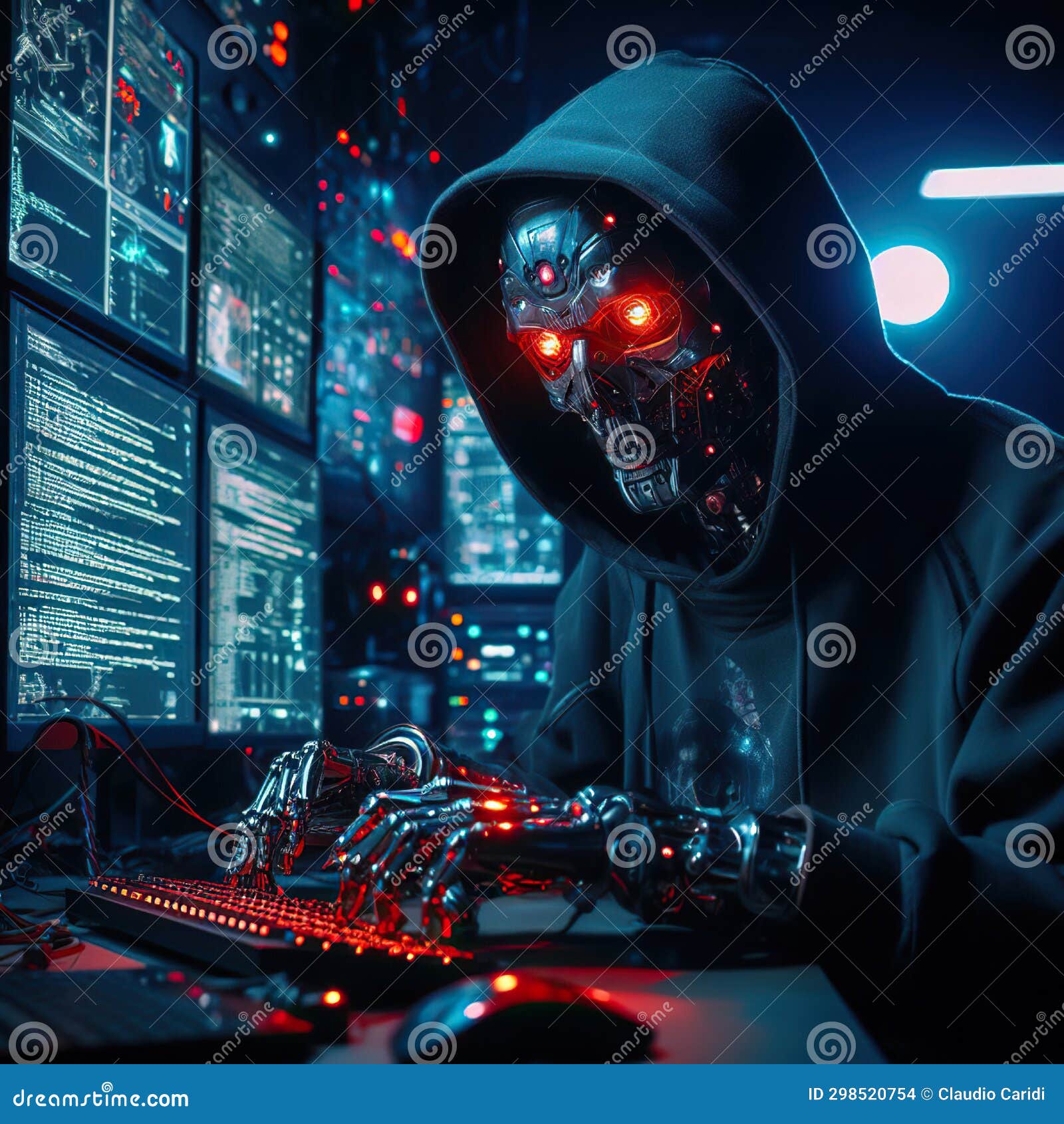 A Cyborg Sitting in Front of a Screen Attempting To Hack an Encryption ...