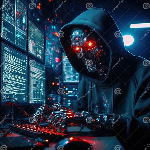 A Cyborg Sitting in Front of a Screen Attempting To Hack an Encryption ...