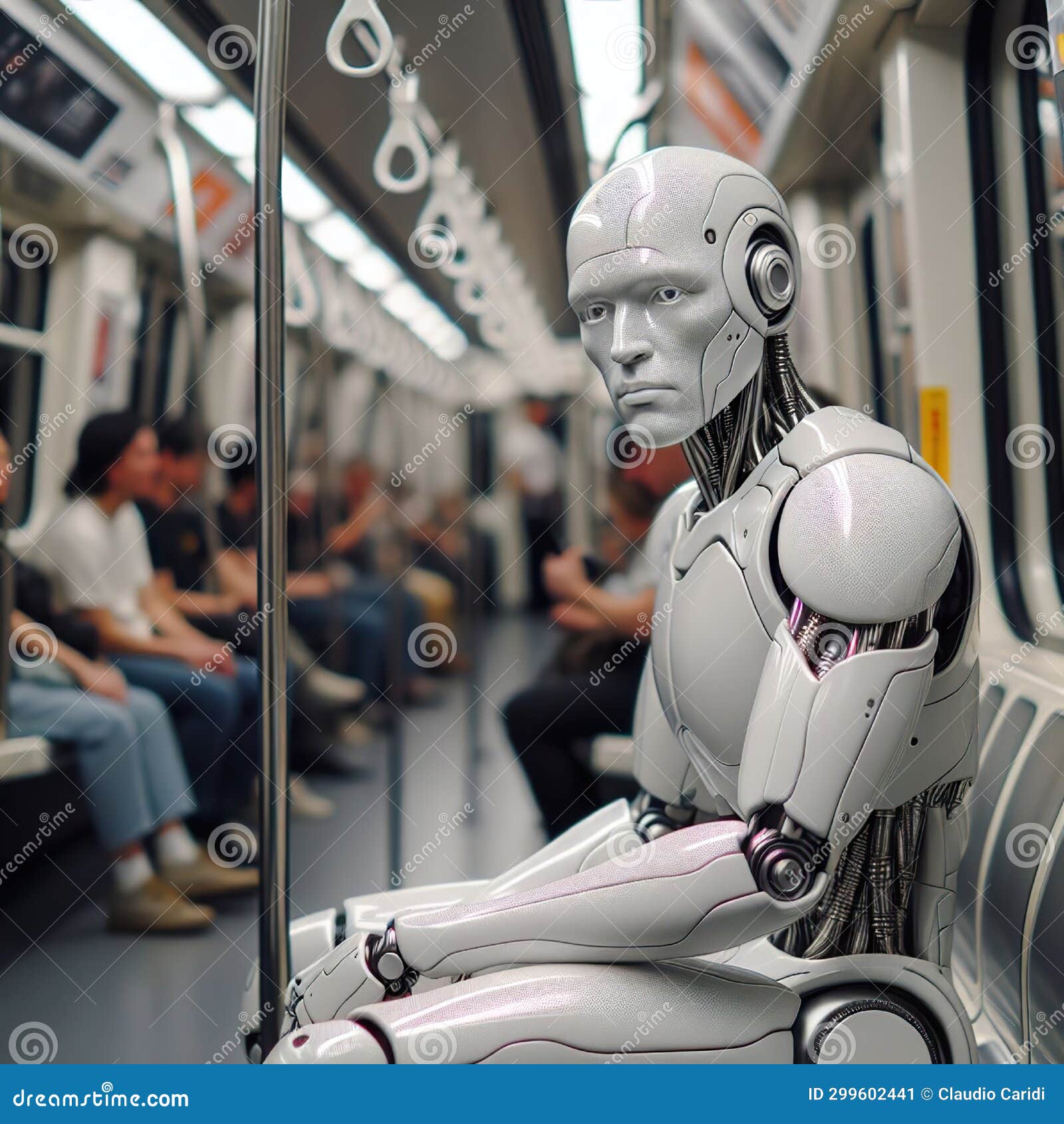A Cyborg Sitting in a Subway Train with Other Passengers Stock ...