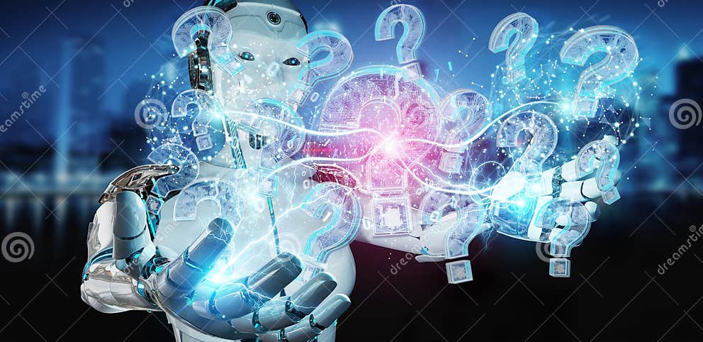 Cyborg Solving Problem with Digital Question Marks 3D Rendering Stock Illustration ...