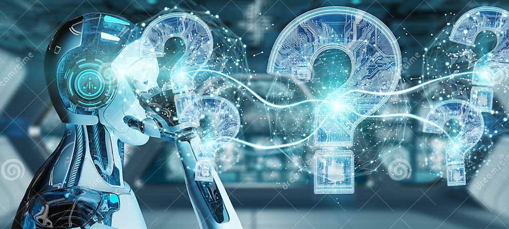Cyborg Solving Problem with Digital Question Marks 3D Rendering Stock Illustration ...