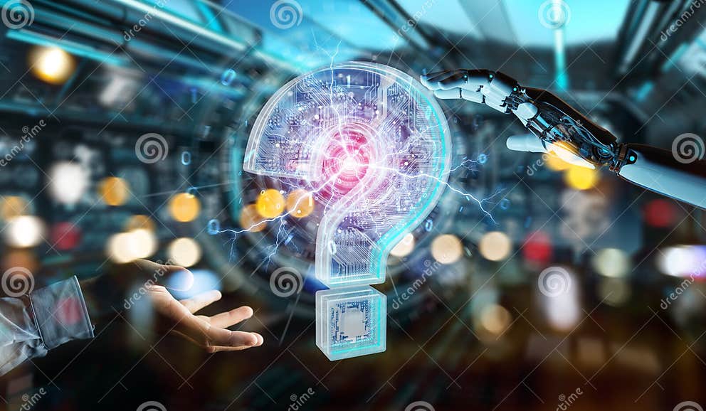 Cyborg Solving Problem with Digital Question Marks 3D Rendering Stock Illustration ...