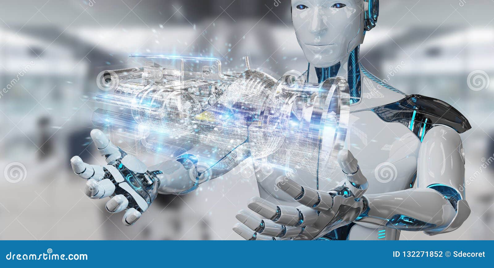 Cyborg Using Wireframe Holographic 3D Digital Projection of an E Stock ...