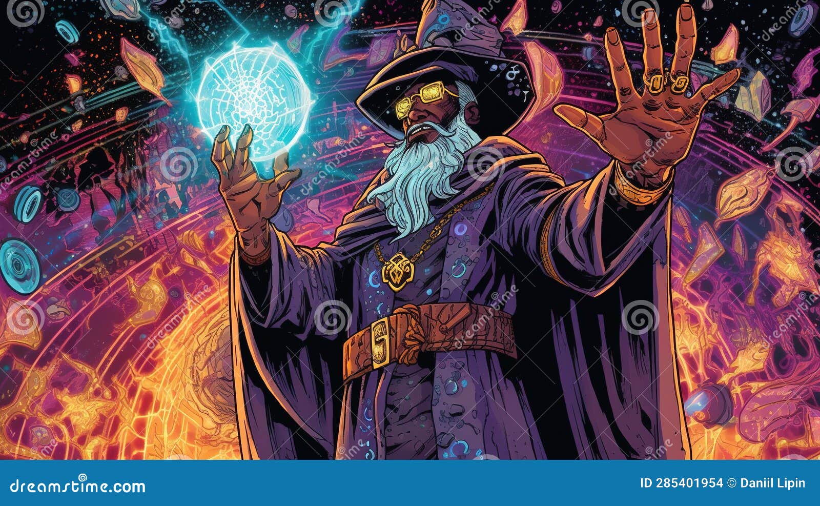 A Cyborg Wizard Casting Spells with Technology Stock Illustration ...