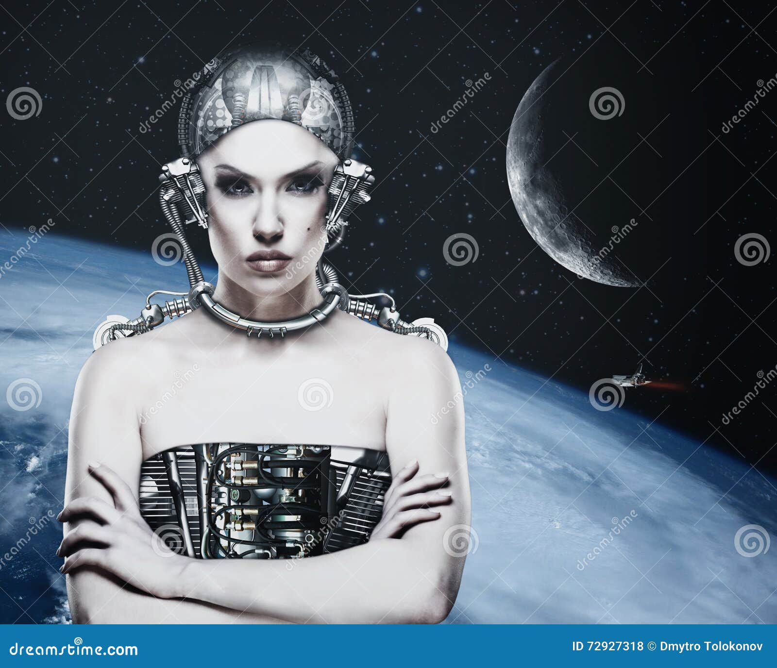 Cyborg Woman Wearing Modern Clothes In Futuristic Nightclub. Cyberpunk ...