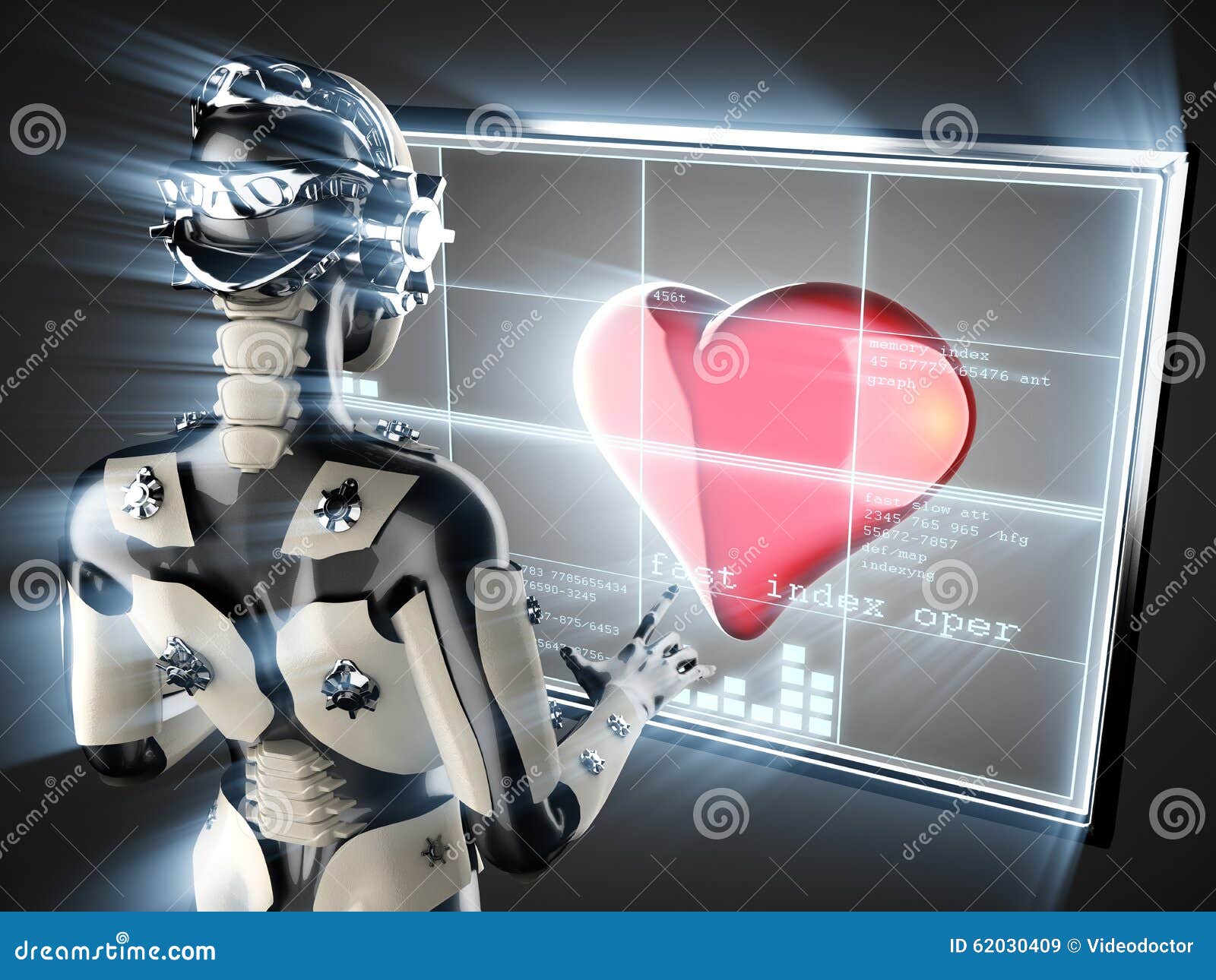 Cyborg Woman and Heart on Hologram Display Stock Illustration ...