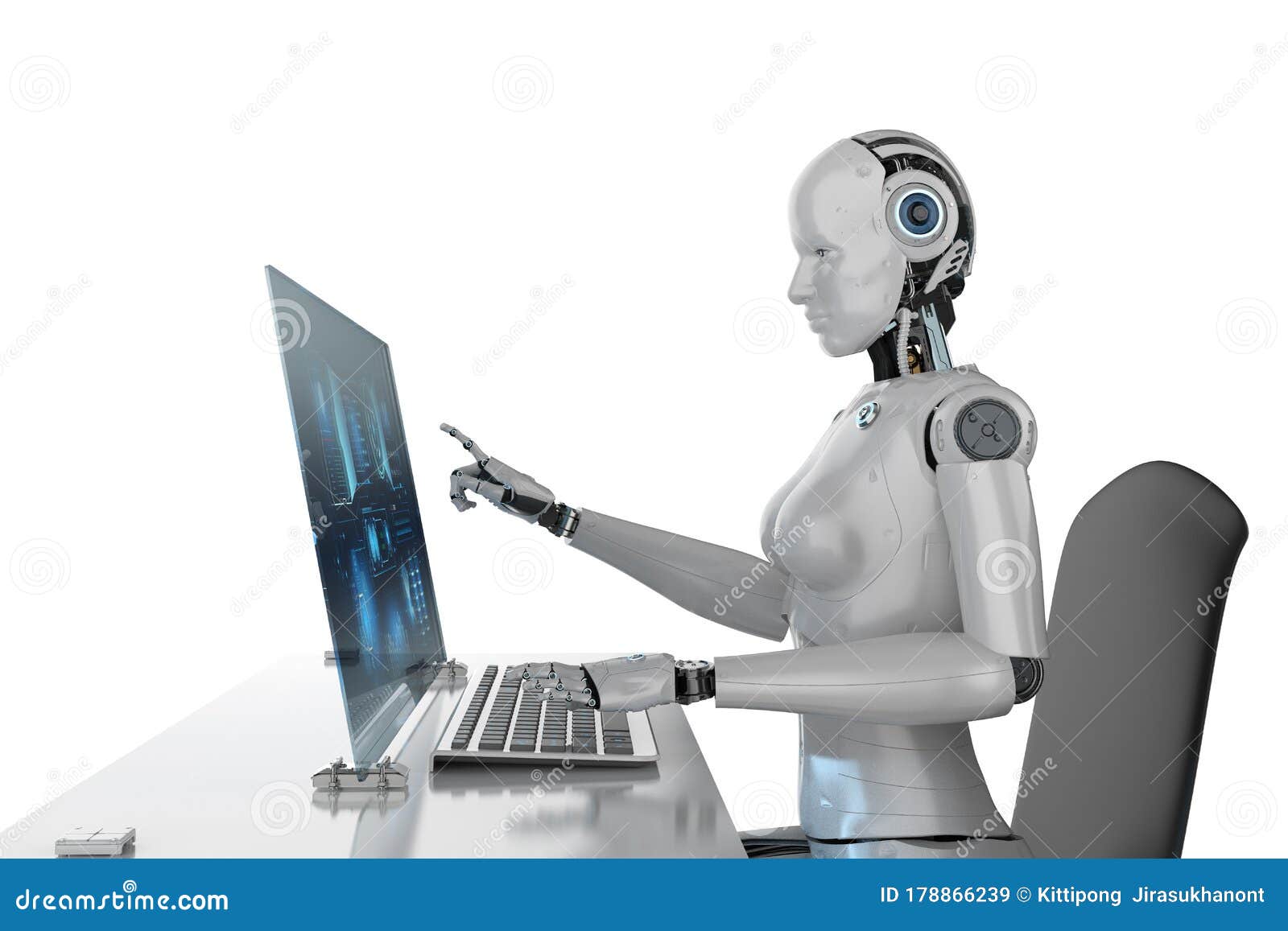 Cyborg work on computer stock illustration. Illustration of artificial ...