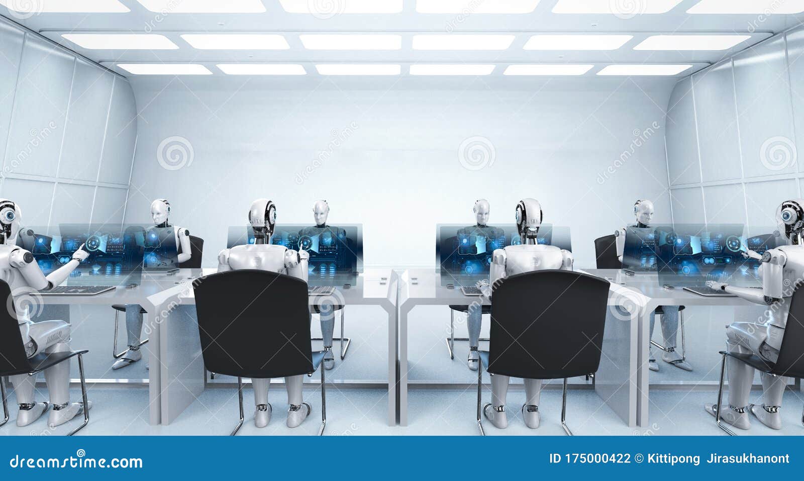 Cyborg work on computer stock illustration. Illustration of colleague ...