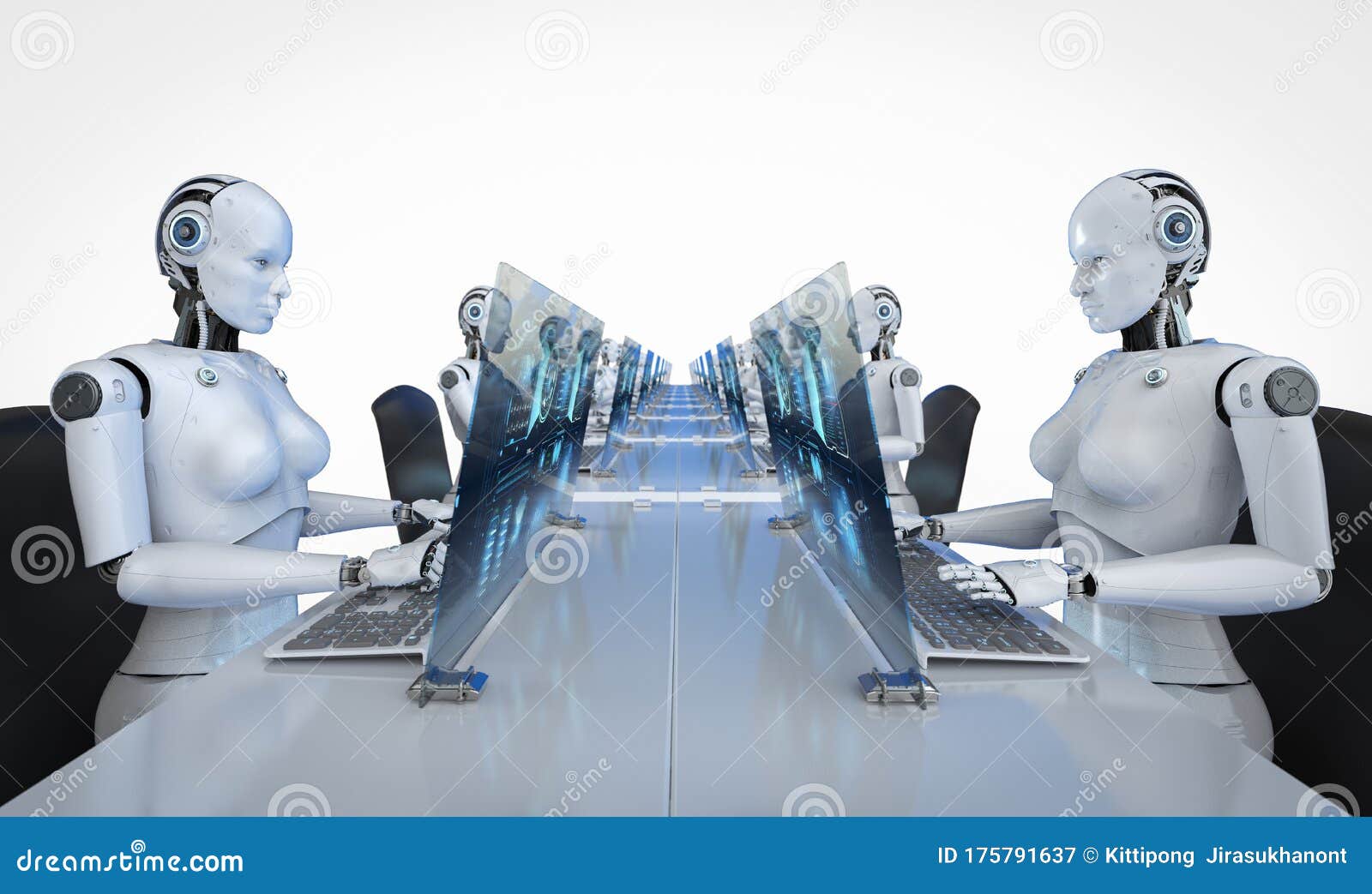 Cyborg work on computer stock illustration. Illustration of glass ...