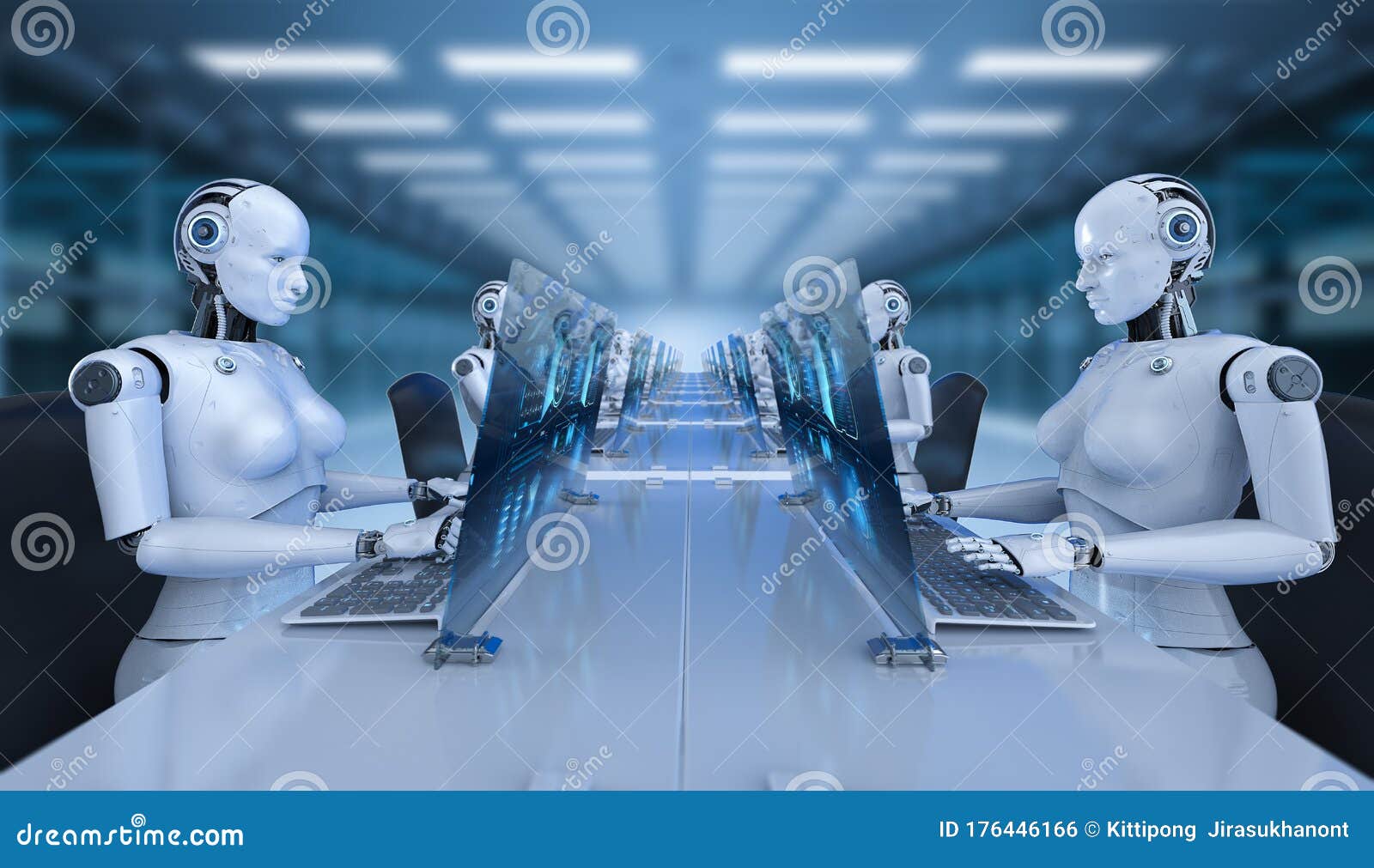 Cyborg work on computer stock illustration. Illustration of automation ...