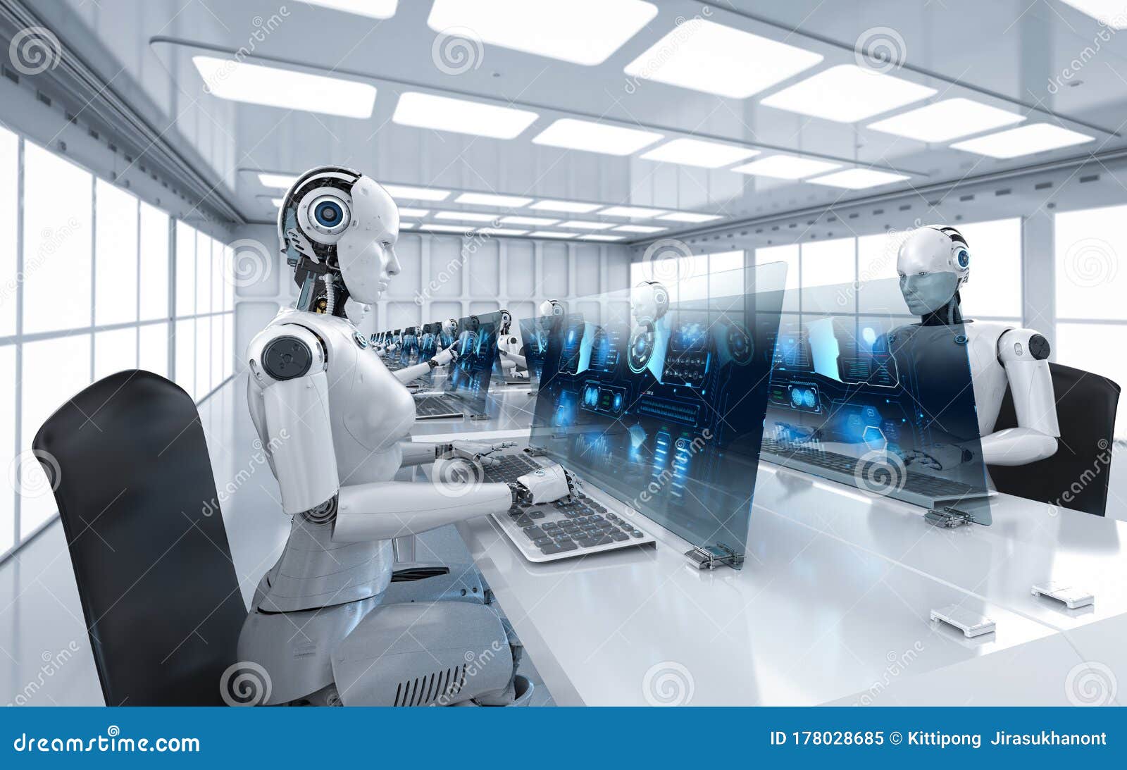 Cyborg work on computer stock illustration. Illustration of interact ...