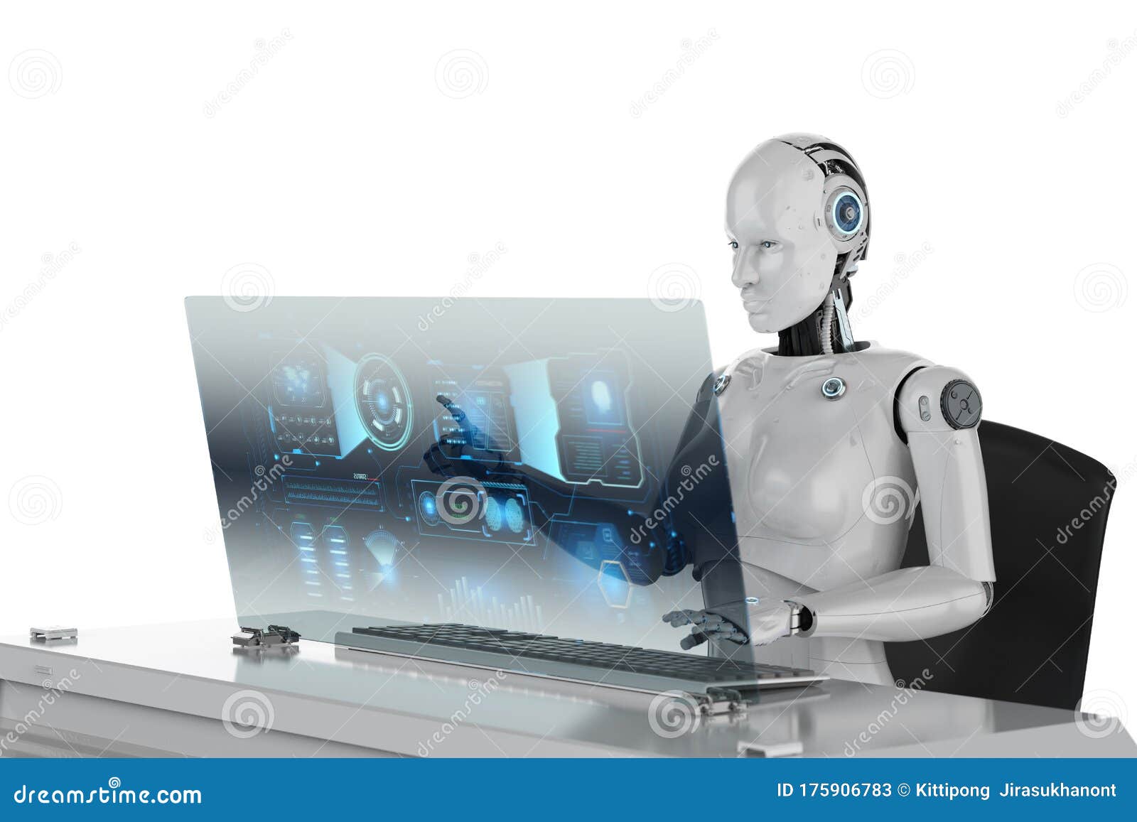 Cyborg work on computer stock illustration. Illustration of automation ...