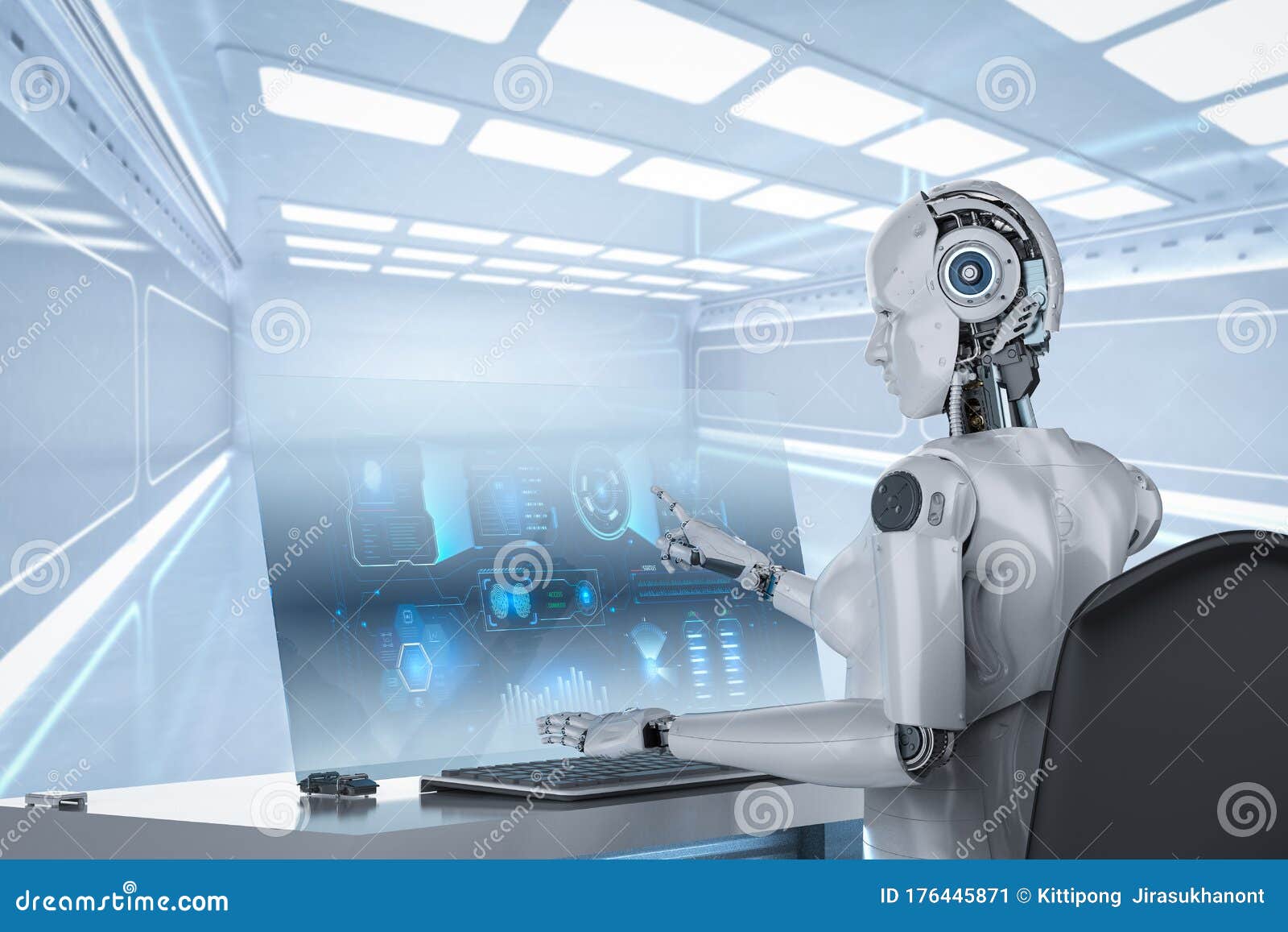 Cyborg work on computer stock illustration. Illustration of office ...