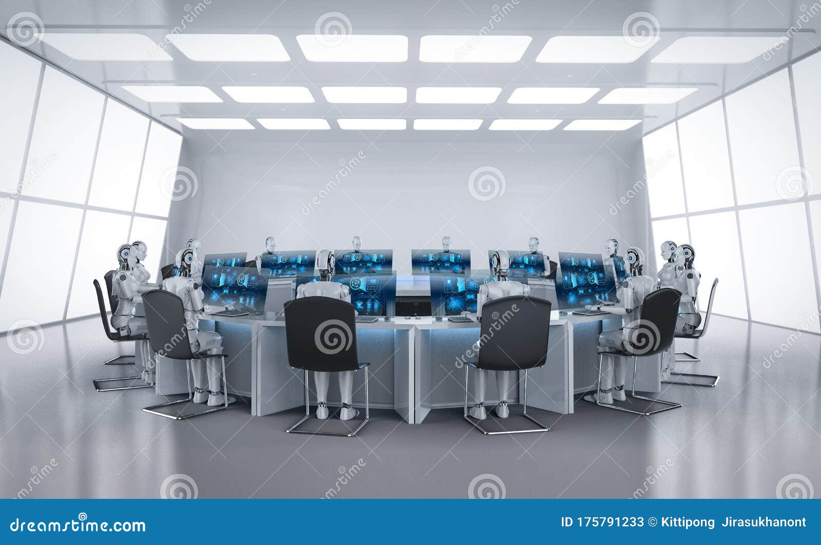 Cyborg work on computer stock illustration. Illustration of automation ...