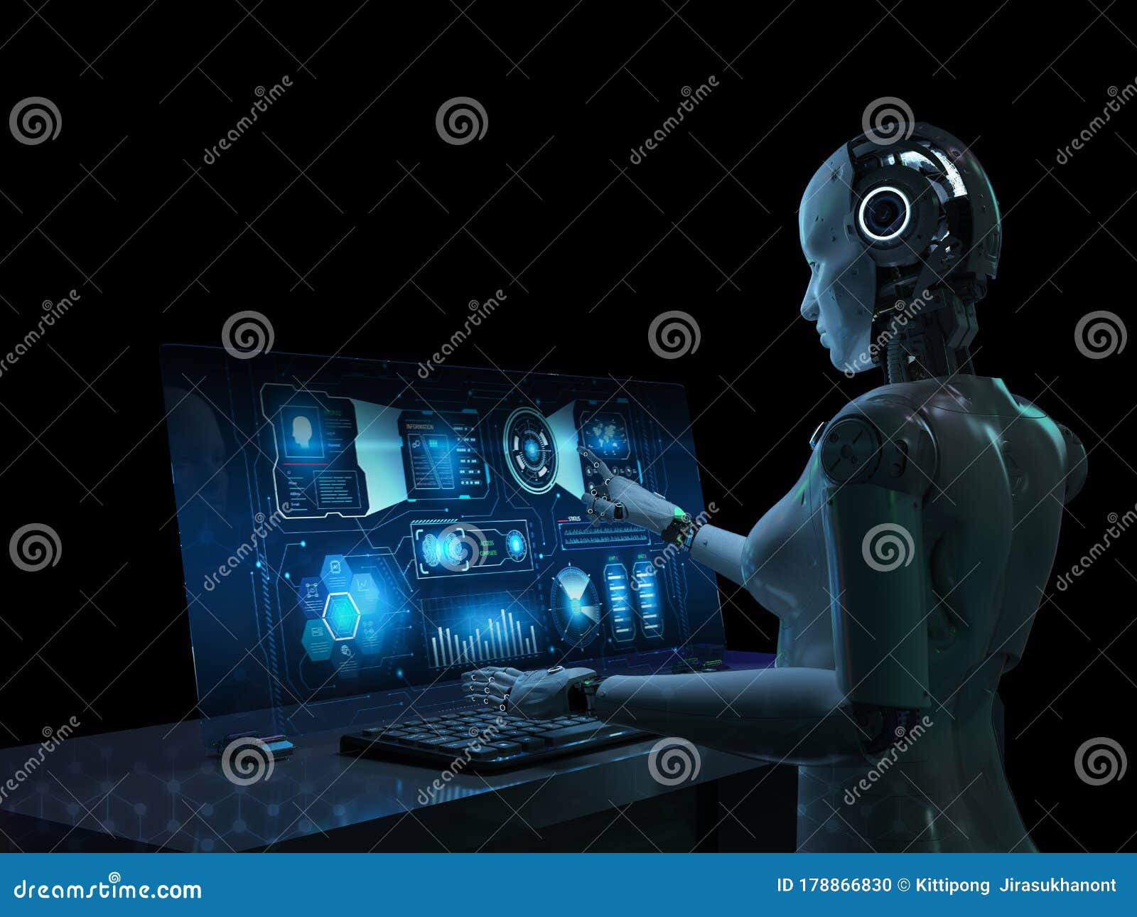 Cyborg work on computer stock illustration. Illustration of company ...