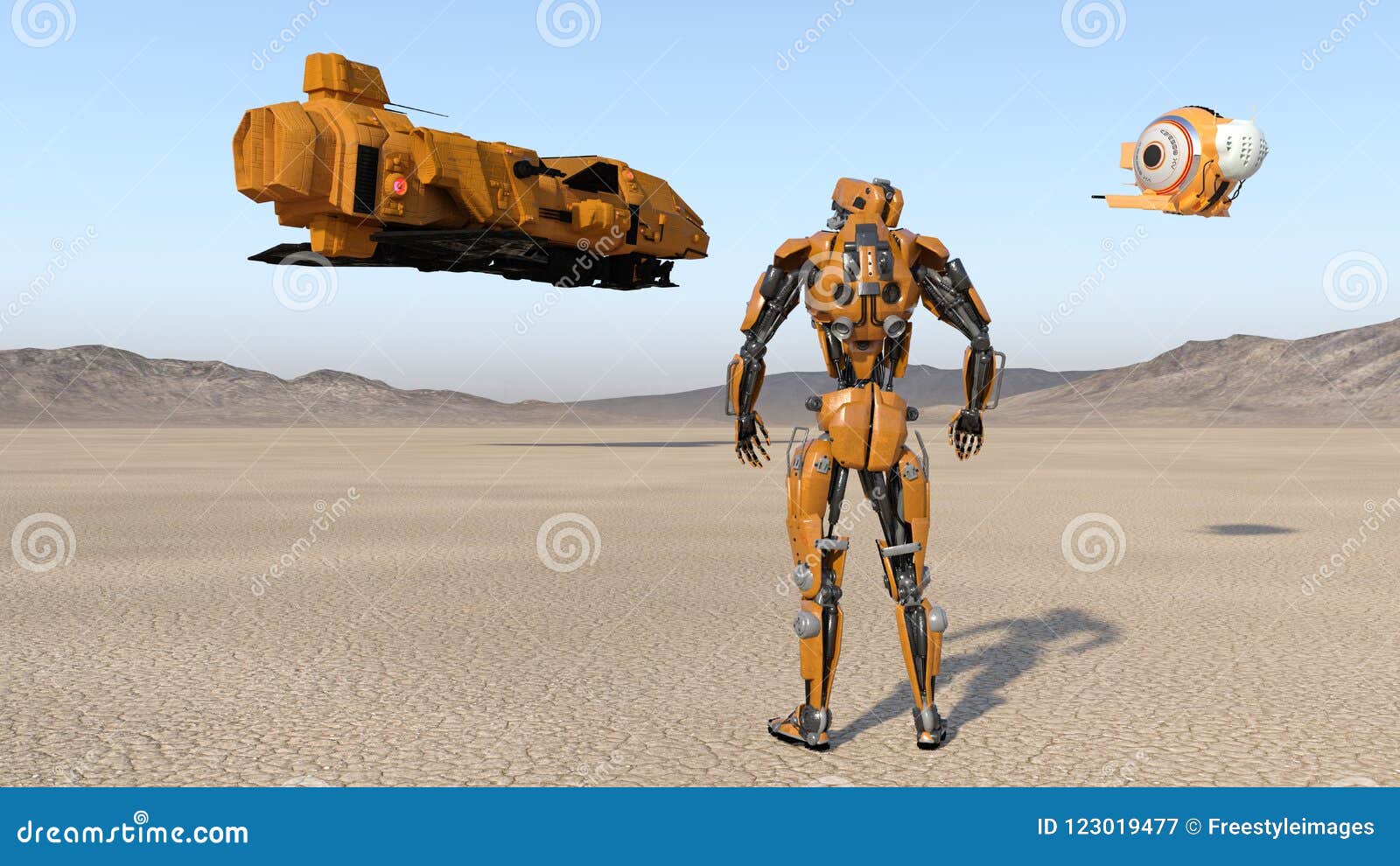 Cyborg Worker With Drone Looking At Flying Spaceship, Humanoid Robot ...