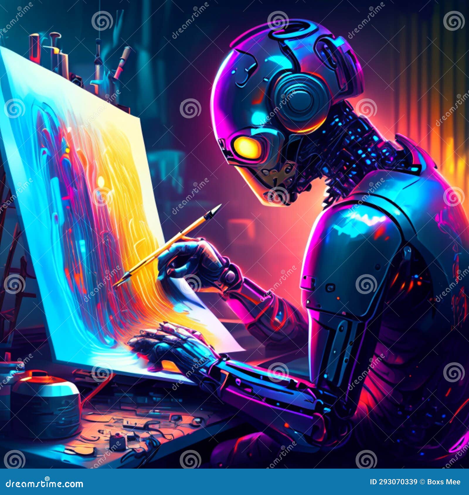 Cyborg Working on a Computer at Night. Illustration of a Cyborg Stock ...