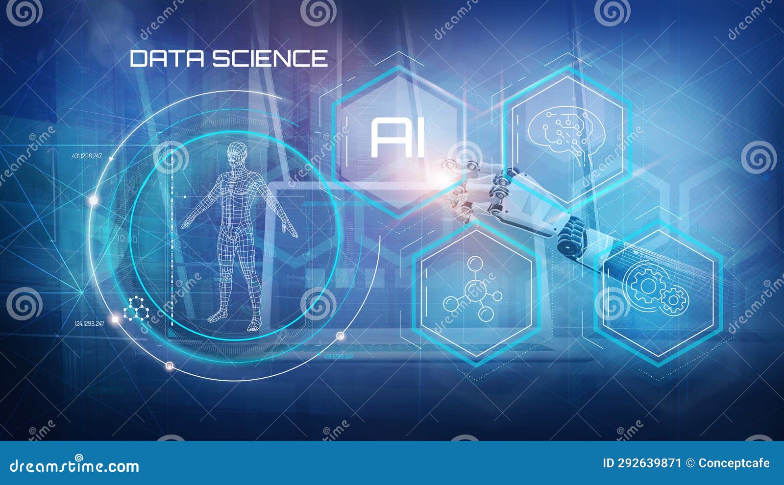 Cyborg Working with Digital Display. Stock Image - Image of laptop ...