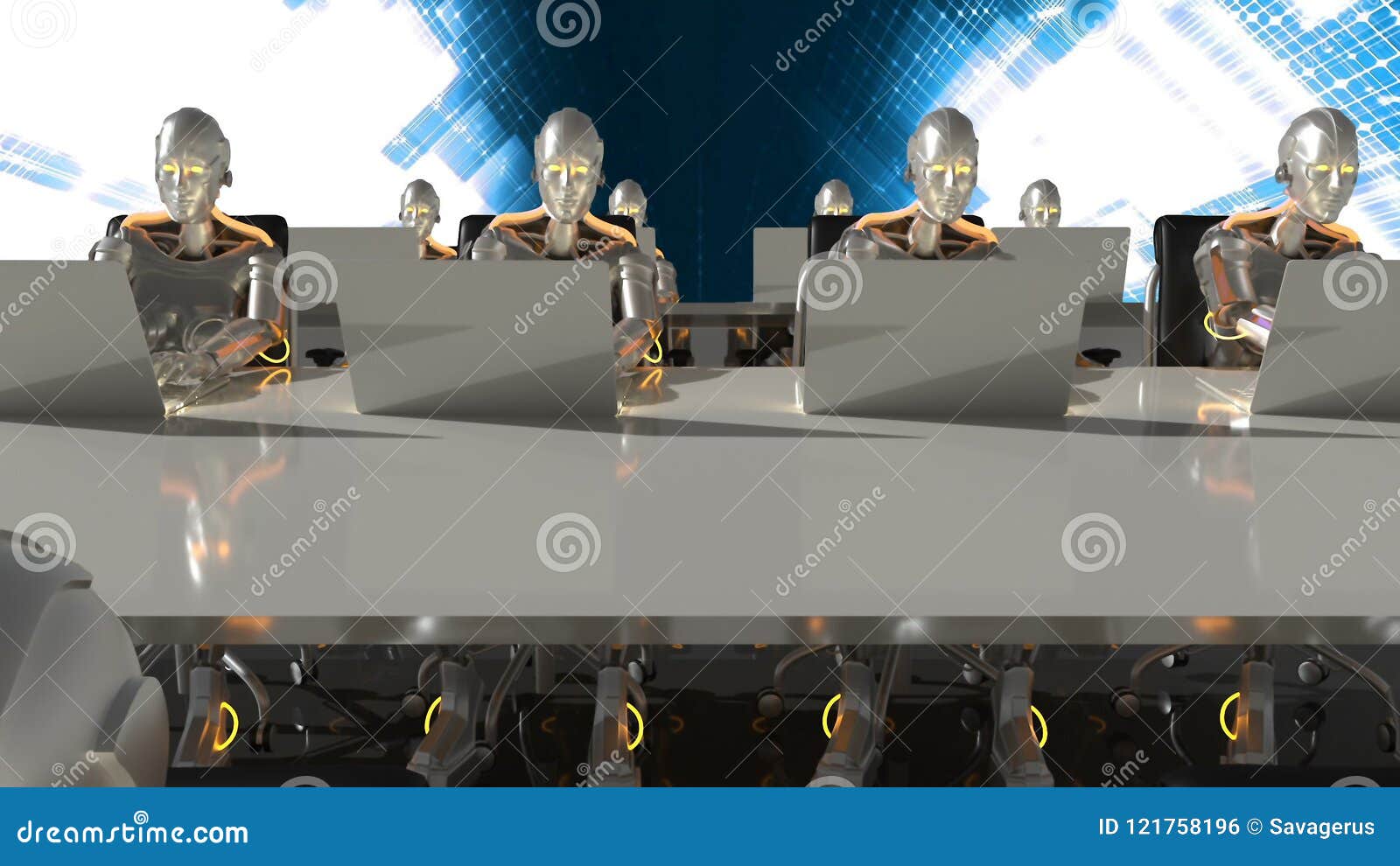 Cyborgs of the Future Work in Sci-fi Office on Computers. 3D Rendering ...