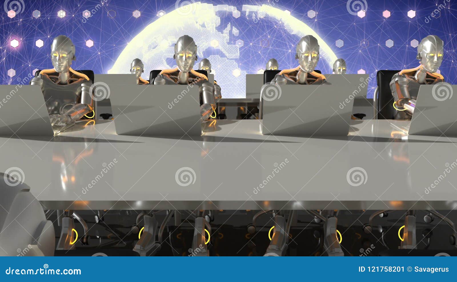 Cyborgs of the Future Work in Sci-fi Office on Computers. 3D Rendering ...