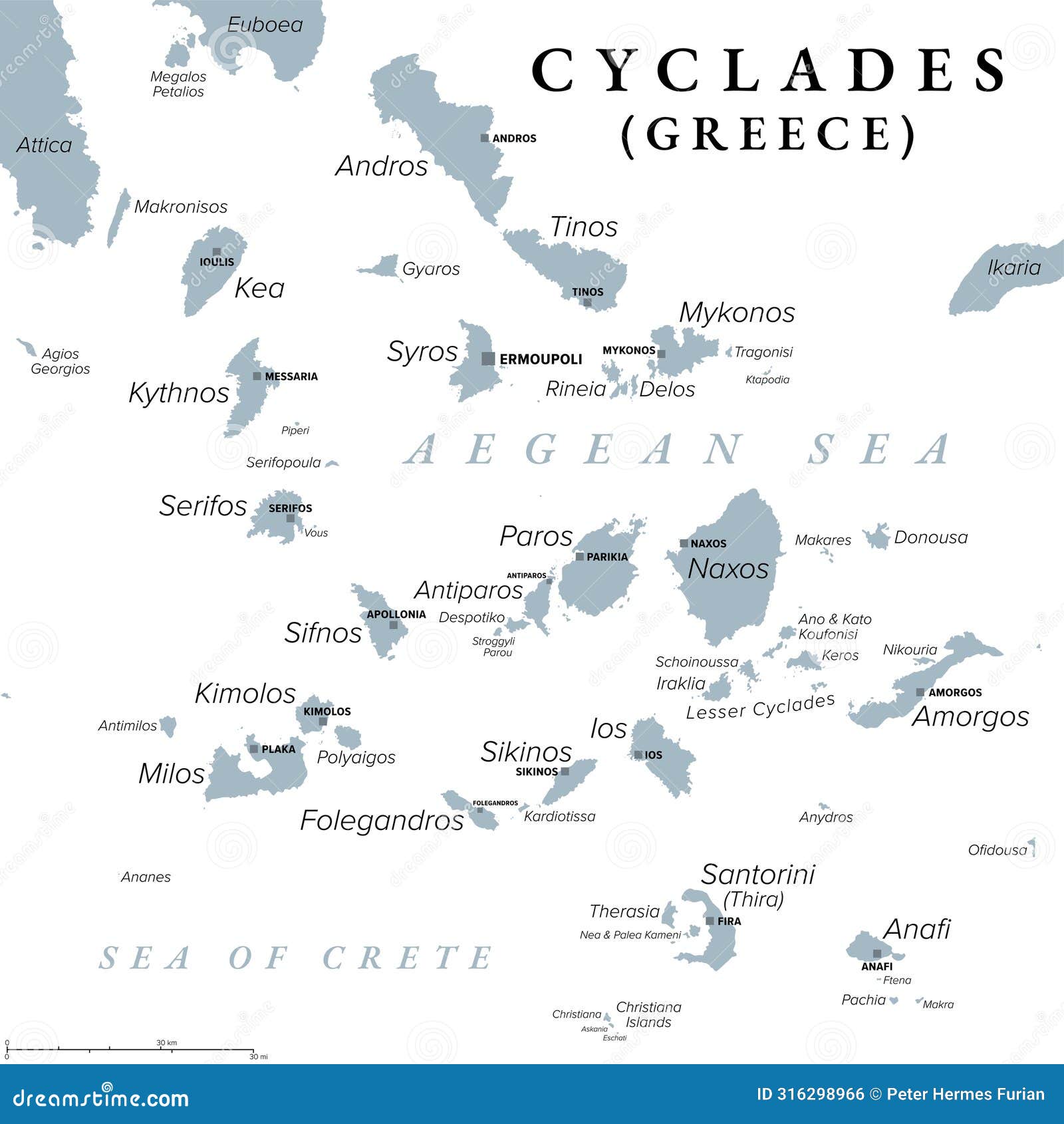 Cyclades, Group of Greek Islands in the Aegean Sea, Gray Political Map ...