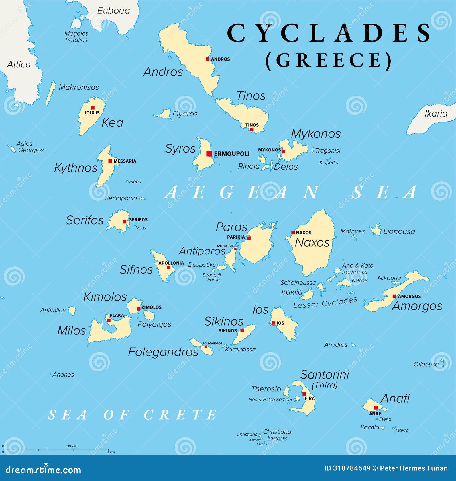 Cyclades, Group of Greek Islands in the Aegean Sea, Political Map Stock ...