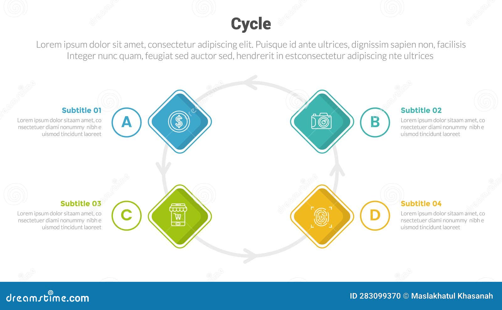 Cycle or Cycles Stage Infographics Template Diagram with Rotated Square ...