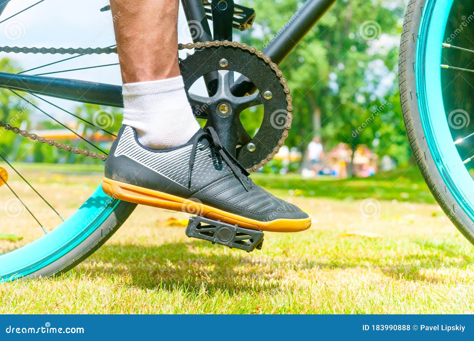 Cycler`s Foot on Pedal Bicycle in Park at Summer Stock Photo - Image of ...