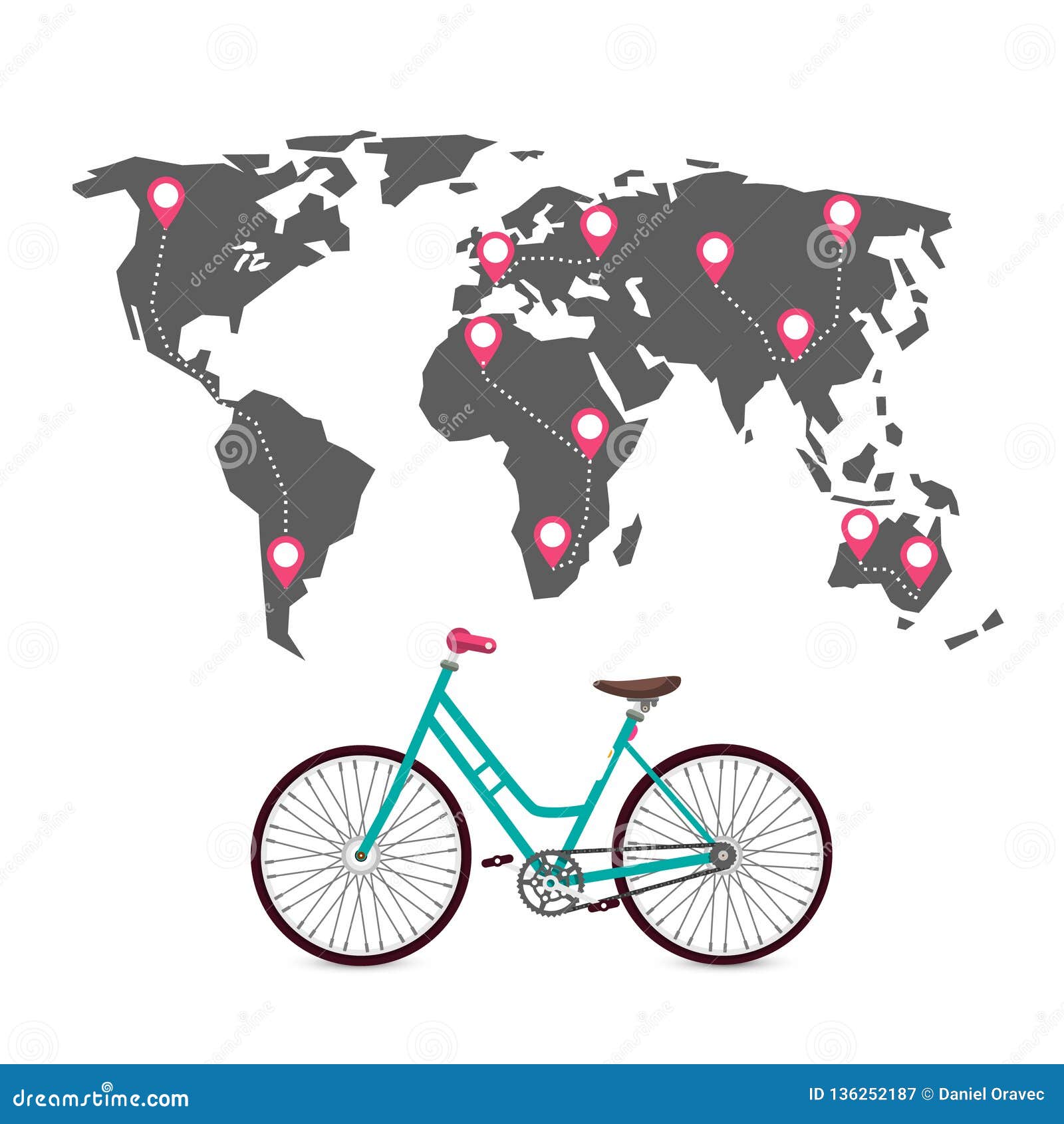 Cycling Around the World with Routes, Pins and World Map Stock Vector ...