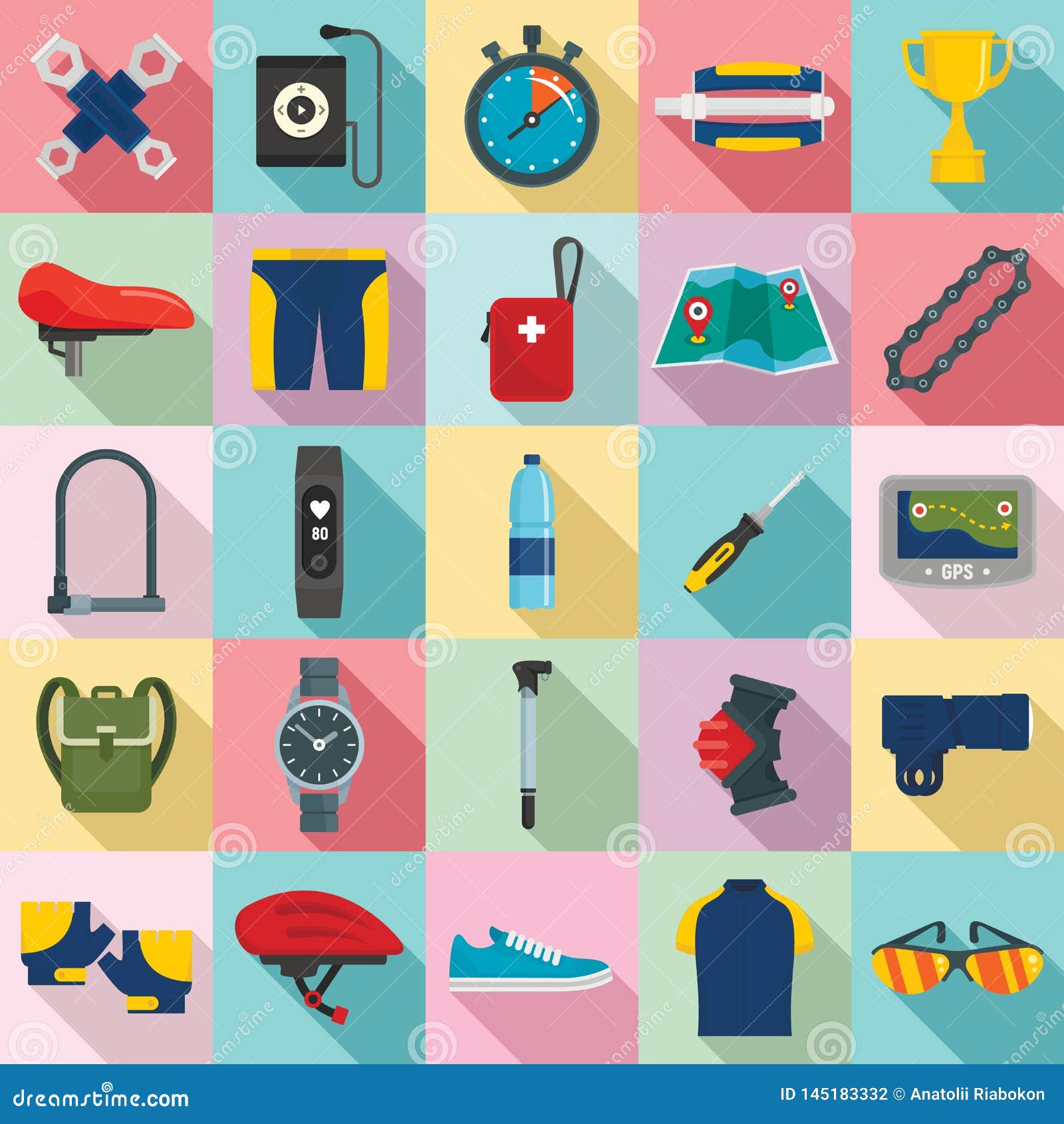 Cycling Equipment Icons Set, Flat Style Stock Vector - Illustration of ...