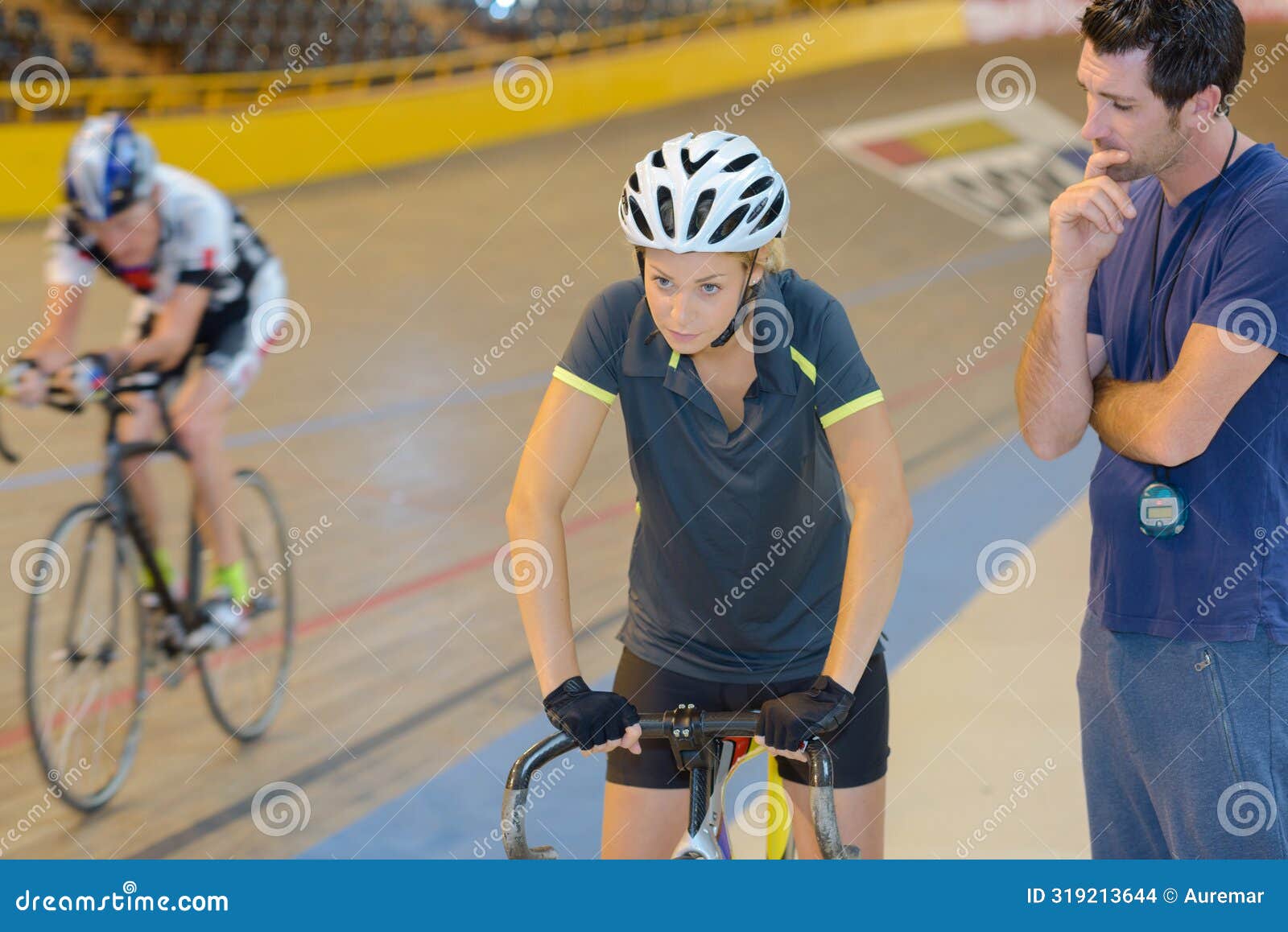 Cyclist with Coach Looking Disappointed Stock Photo - Image of female ...