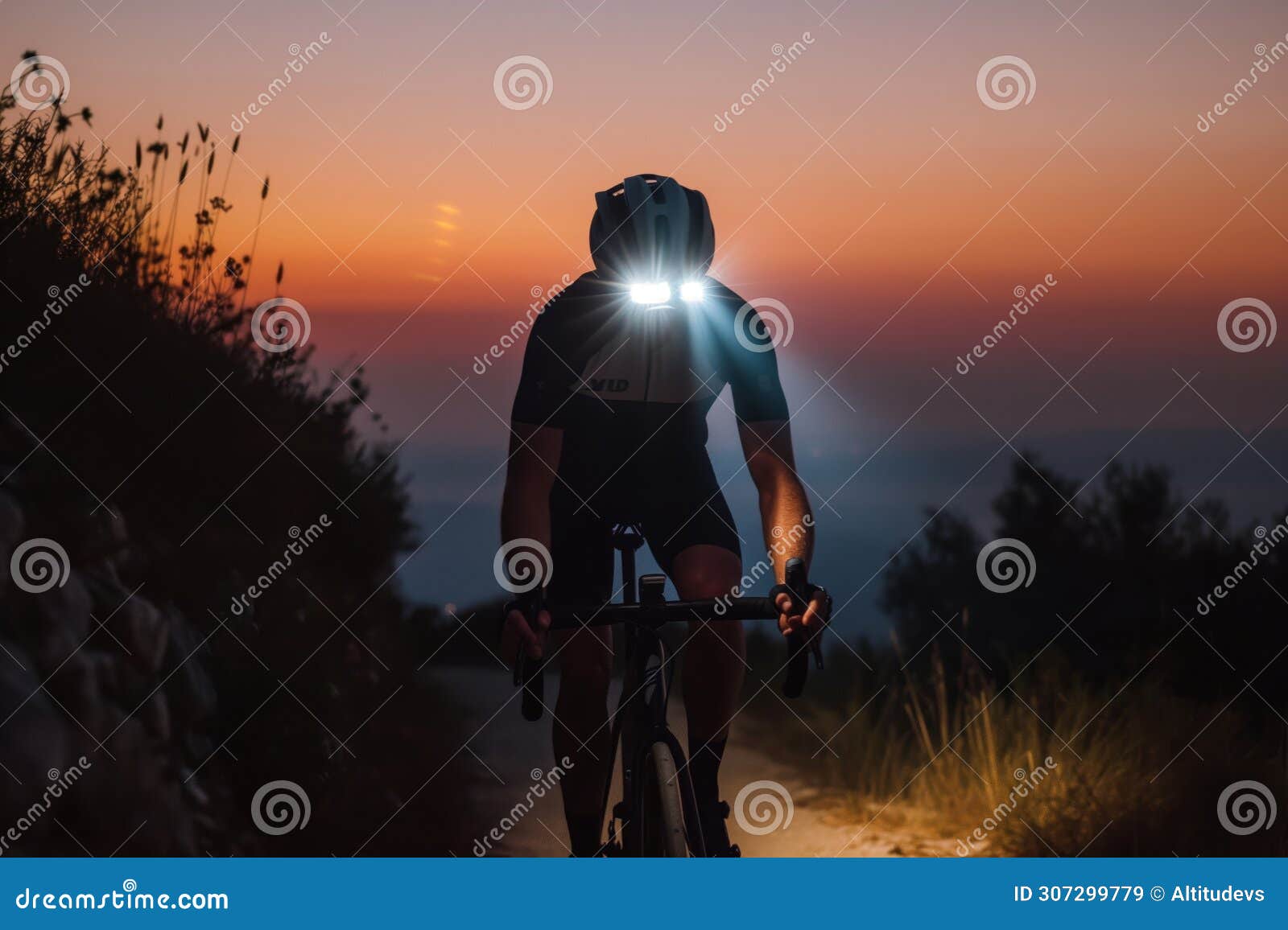 Cyclist Fitted with Headlamp on Twilight Trail, Light Beam Visible ...