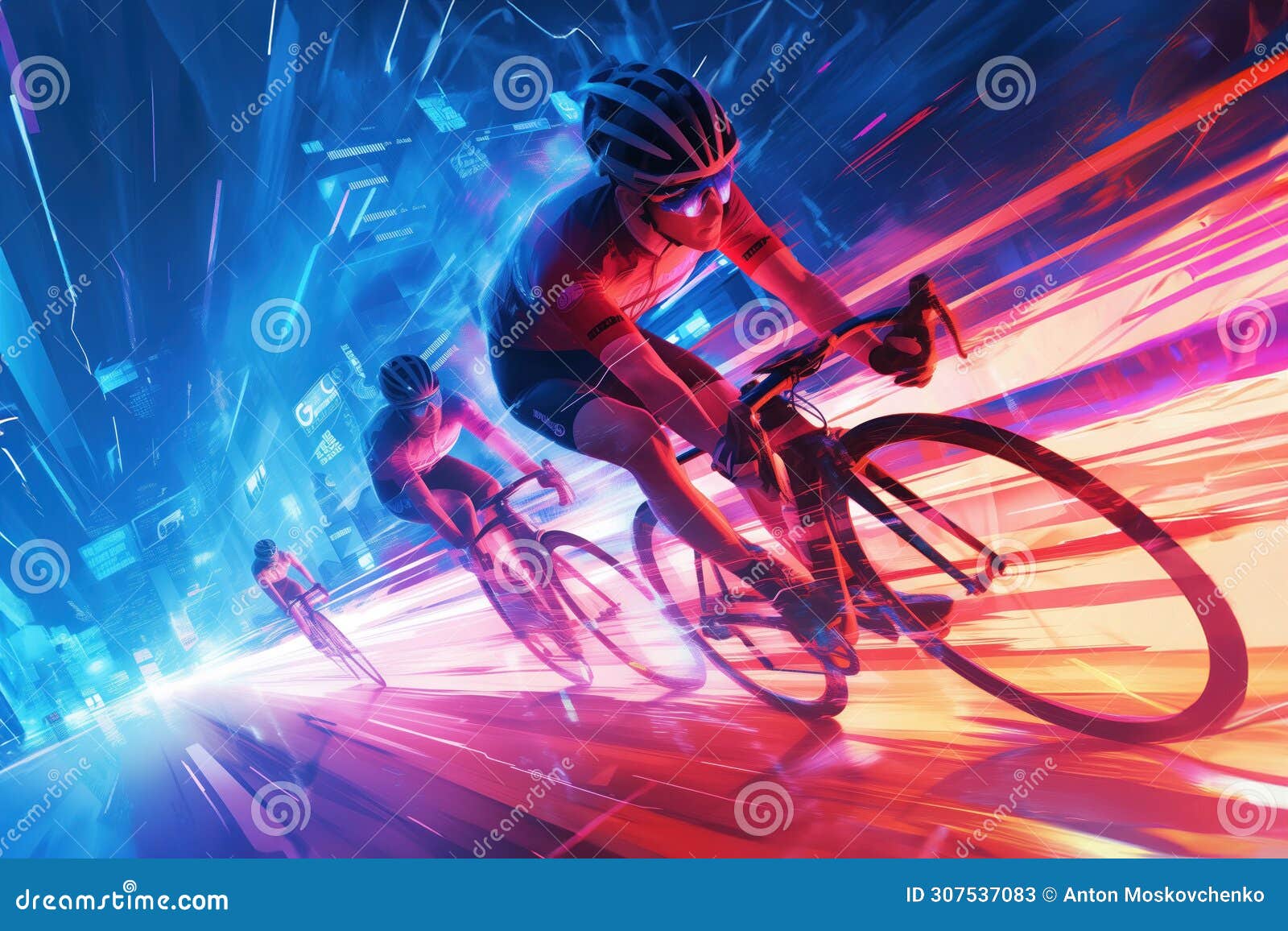 Cyclist in Motion, Enveloped in a Vibrant Red and Blue Speed Blur ...