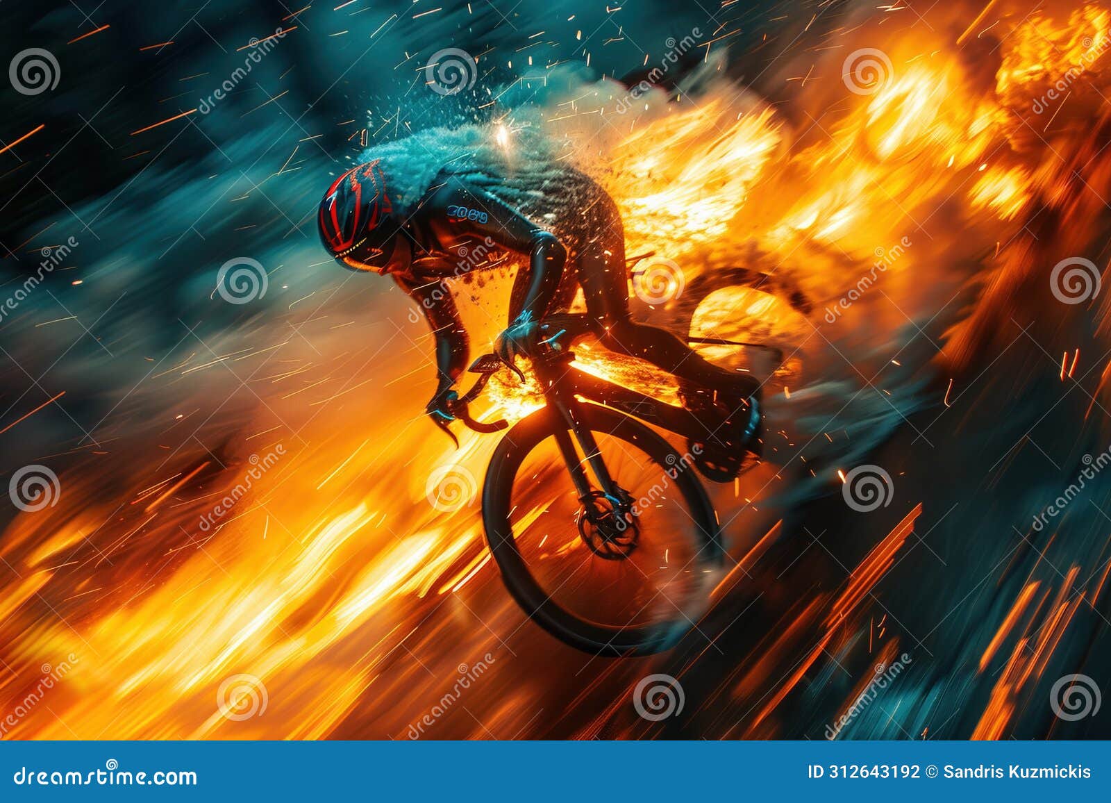 The Cyclist is Riding Very Fast, Flames Behind Him. Generative AI ...
