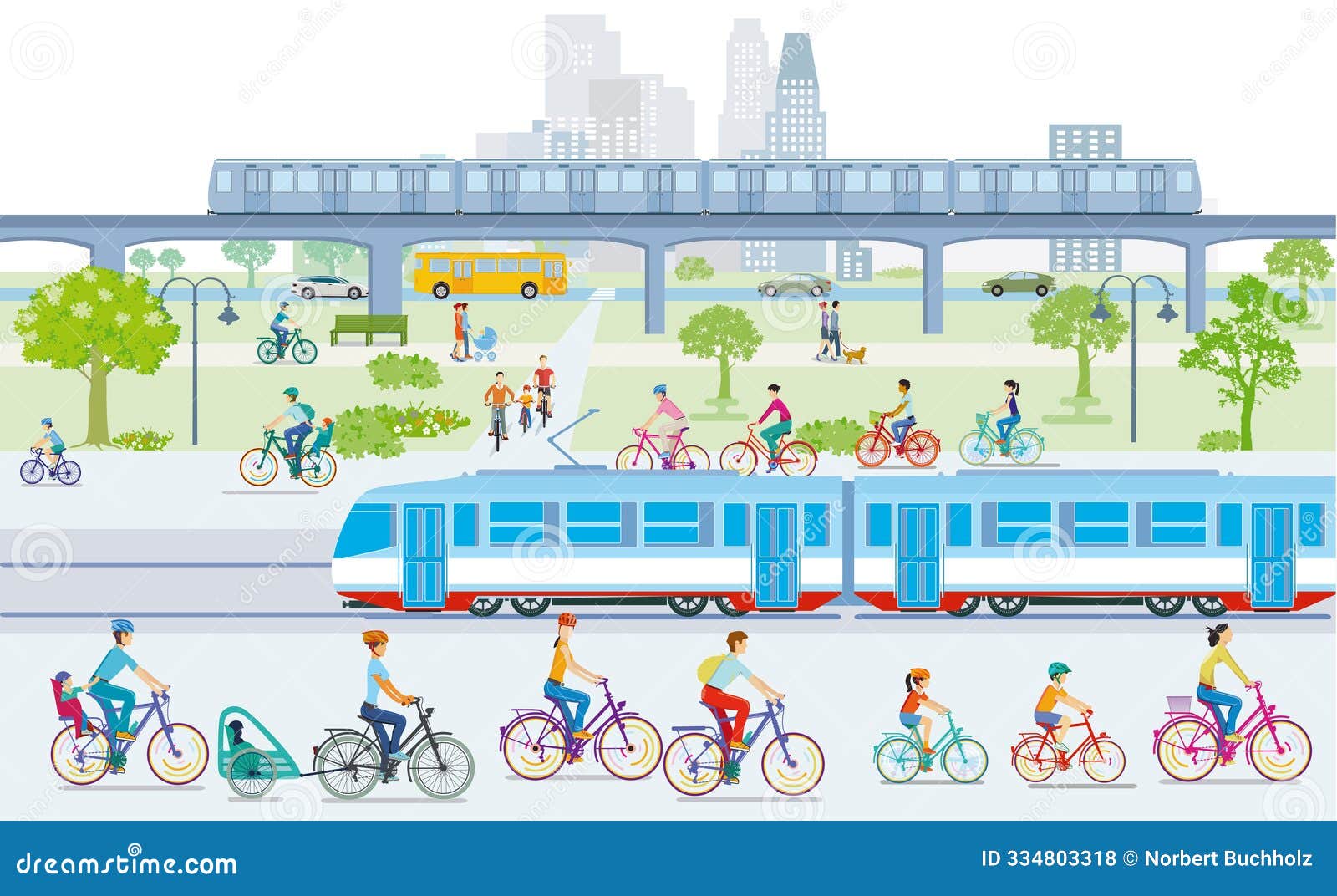 Elevated Railway With Express Train And Bus, Road Traffic ...