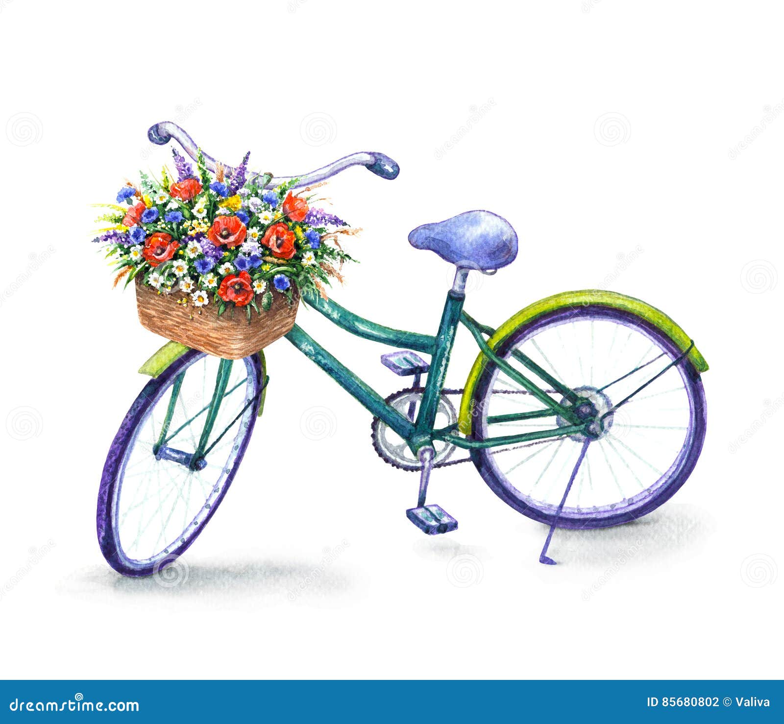 Cykel med vildblommakorgen stock illustrationer. Illustration av ...