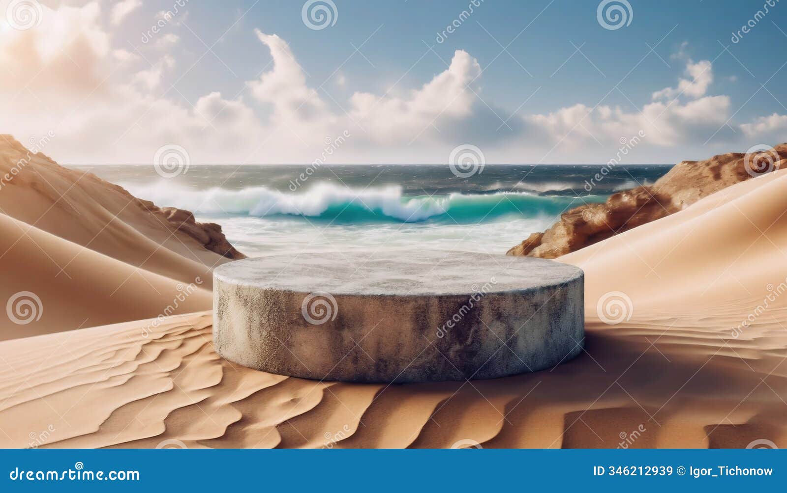 A Cylindrical Concrete Platform Surrounded by Dunes, with an Ocean and ...