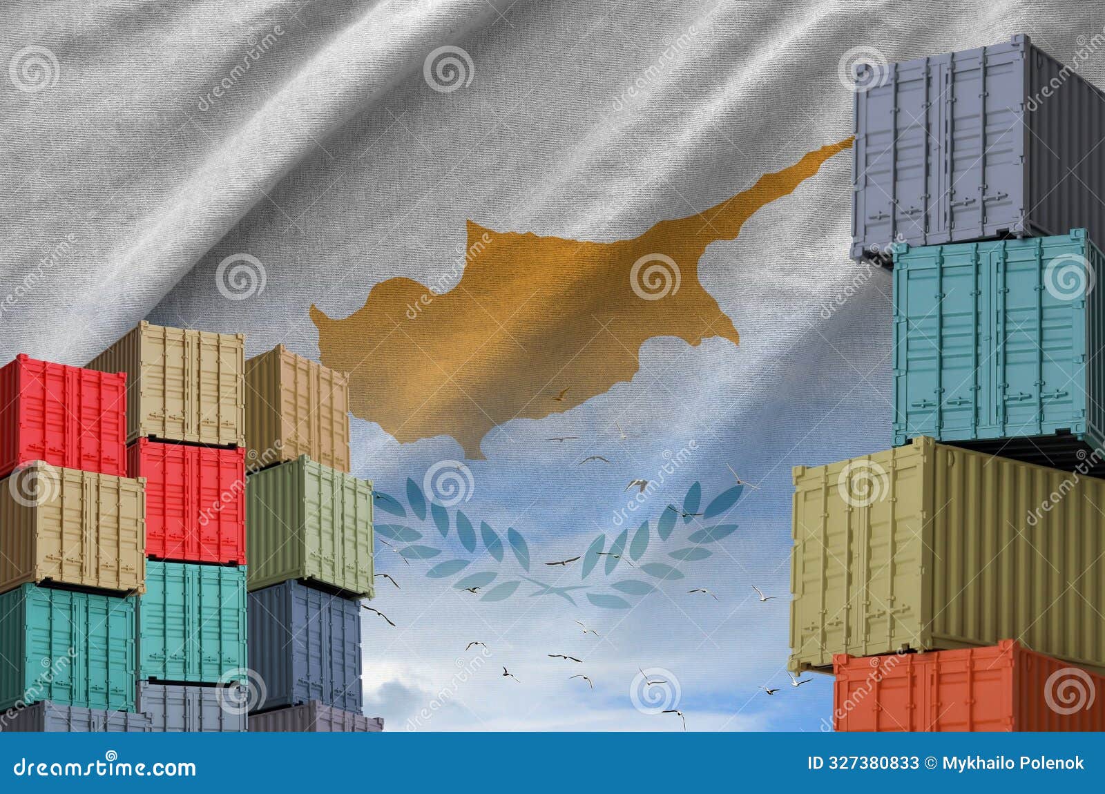 Cyprus Flag and Big Stack of Shipping Cargo Containers in Docks with ...