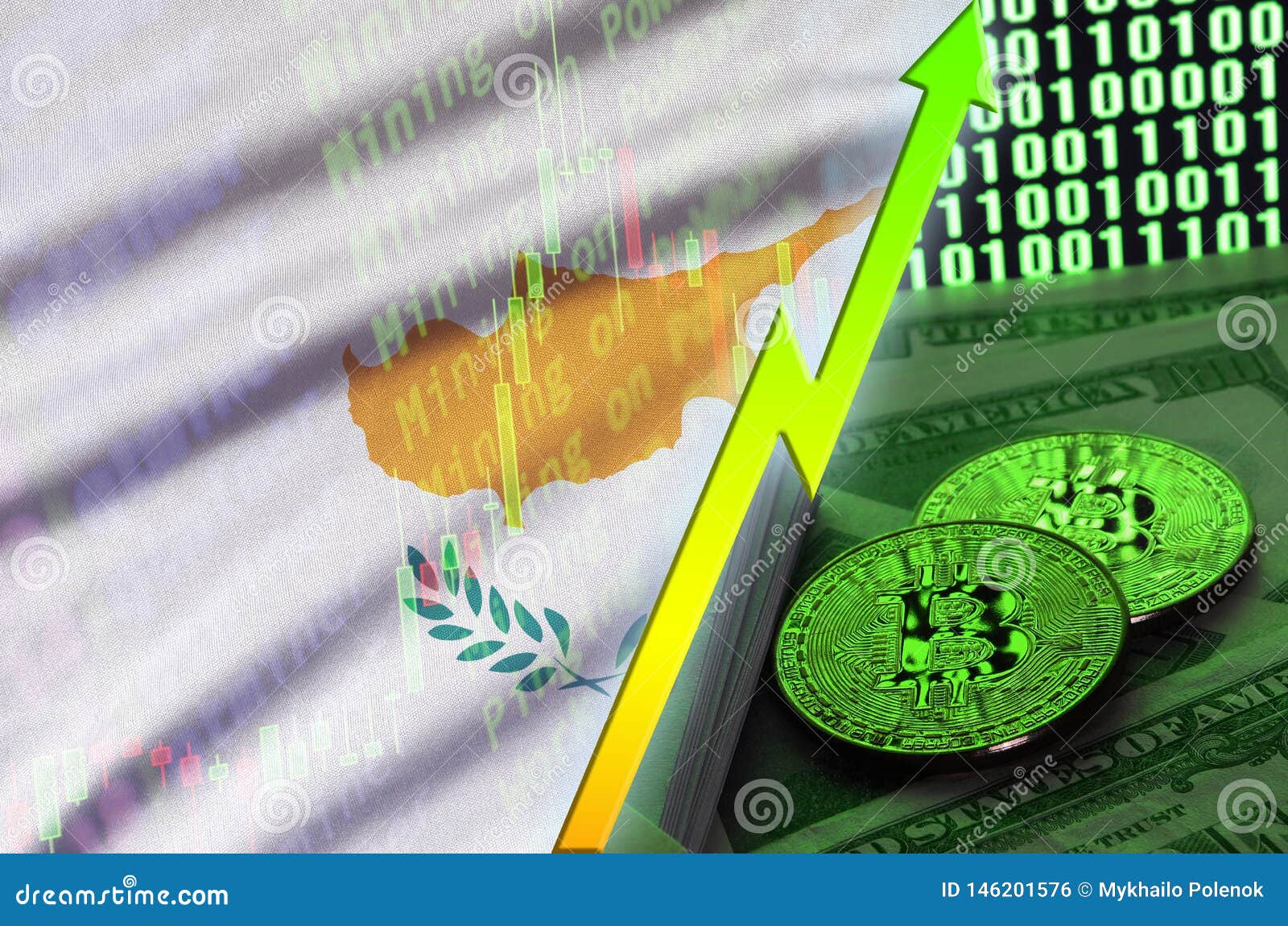 Cyprus Flag and Cryptocurrency Growing Trend with Two Bitcoins on ...