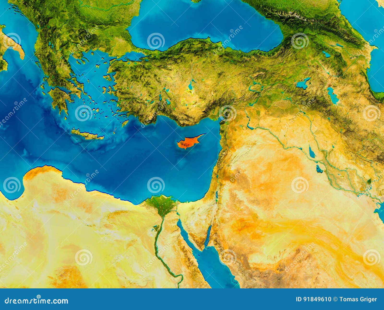 Cyprus on physical map stock illustration. Illustration of planet ...