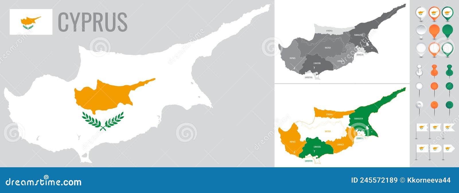 Cyprus Vector Map with Flag, Globe and Icons on White Background Stock ...