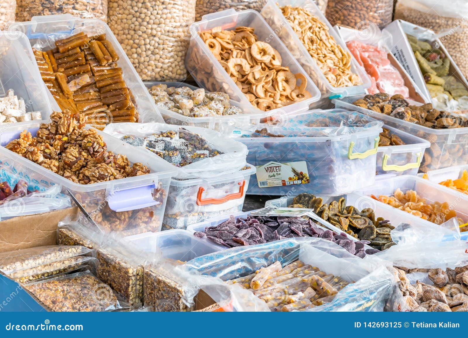 CYPRUS - WINTER, 2019: Counter with Various Tasty Dry Sweets and Nuts ...