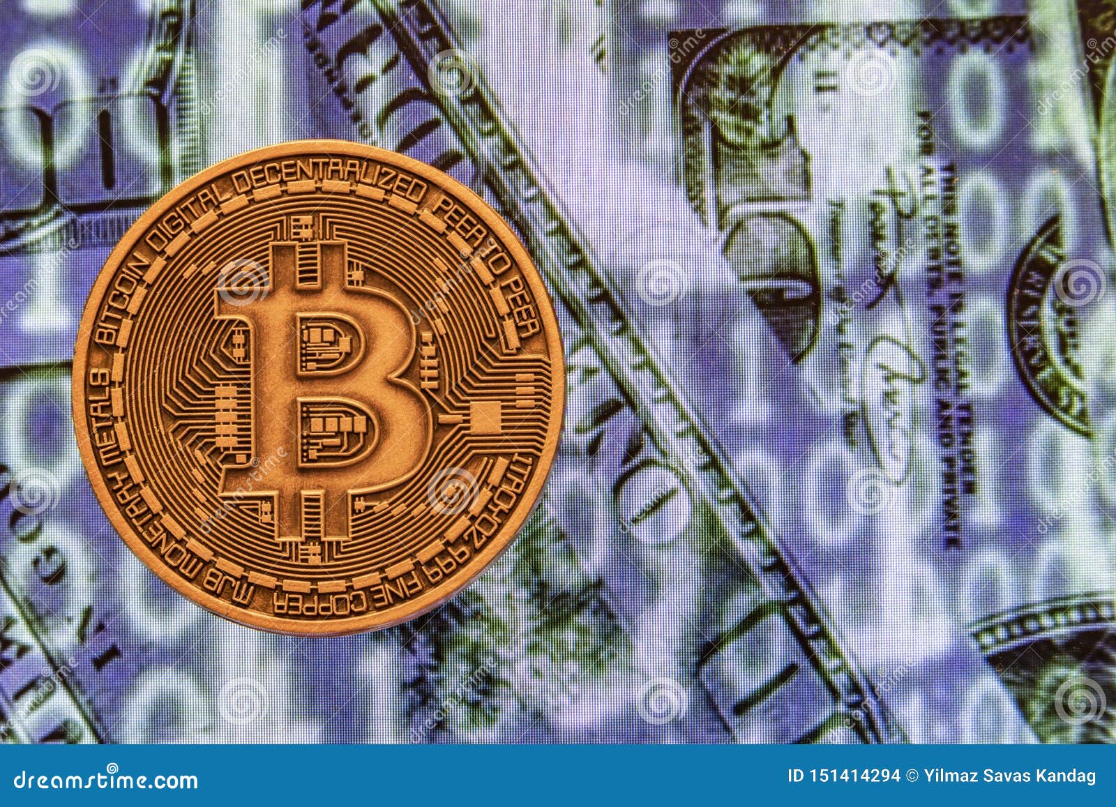 Close Up Physical Bitcoin Coin with Dollars and Matrix Codes Background ...