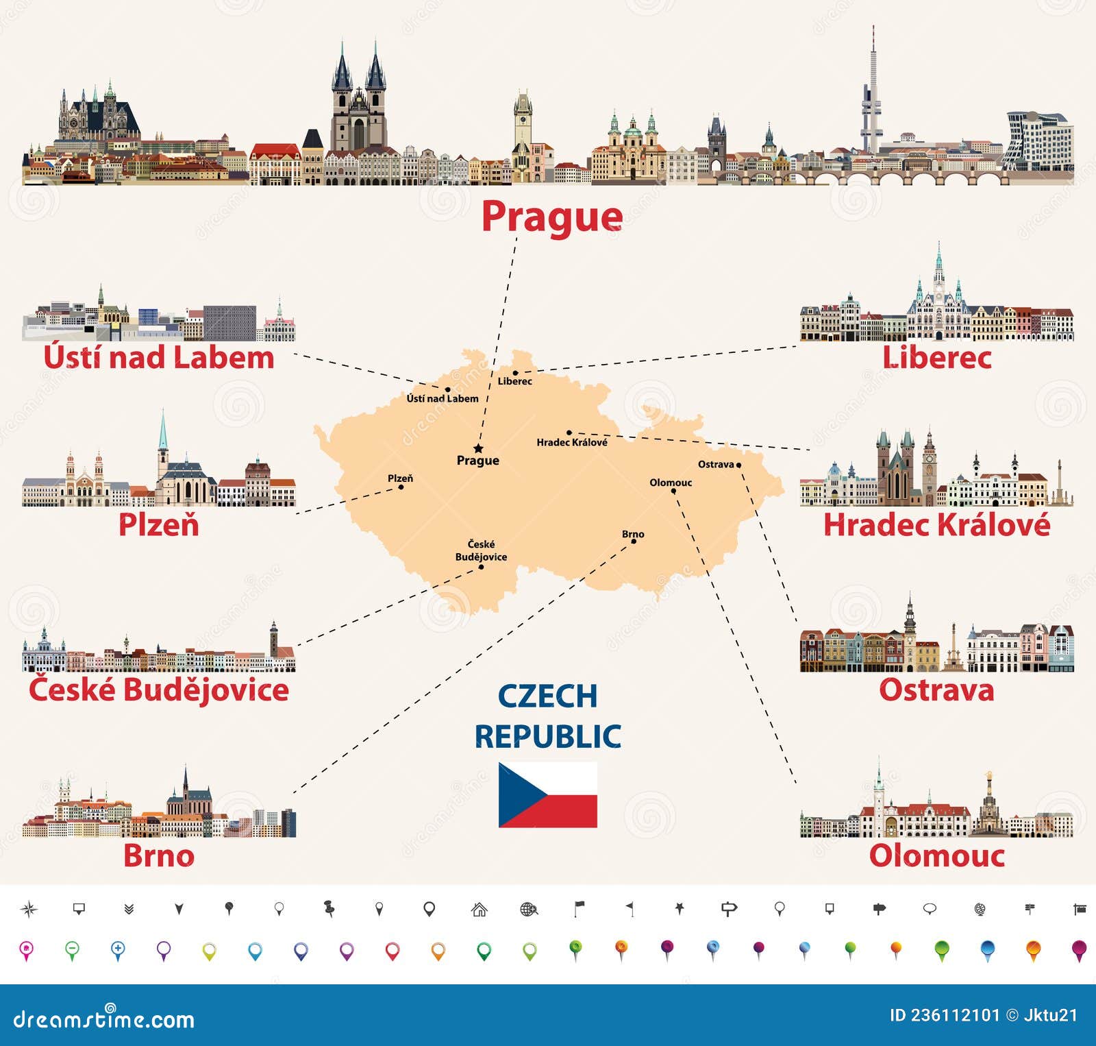 Map of Czech Republic with Main Cities Skylines Vector Illustration ...