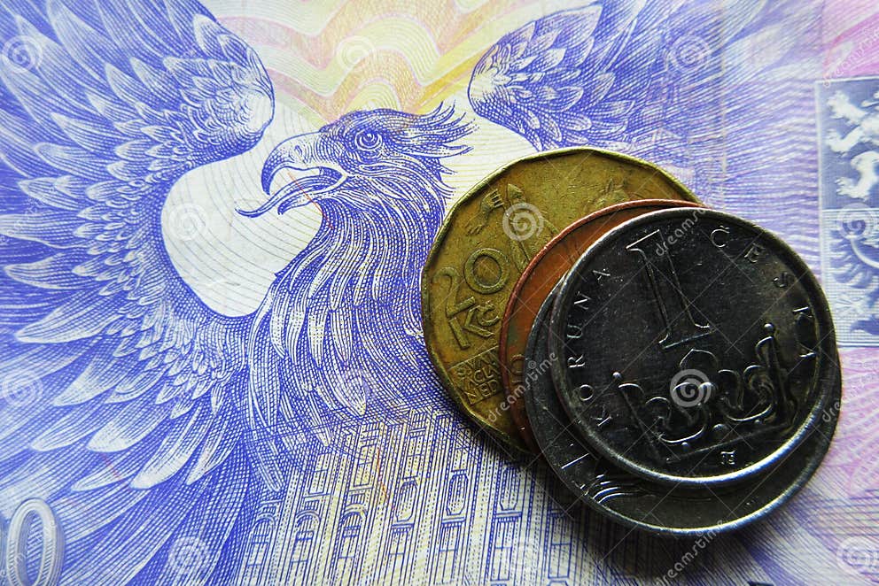 Czech Coins on a 1000 CZK Banknote Stock Photo - Image of czech ...