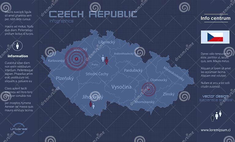 Czech Map, Separate Regions with Names, Infographics Blue Flat Design ...