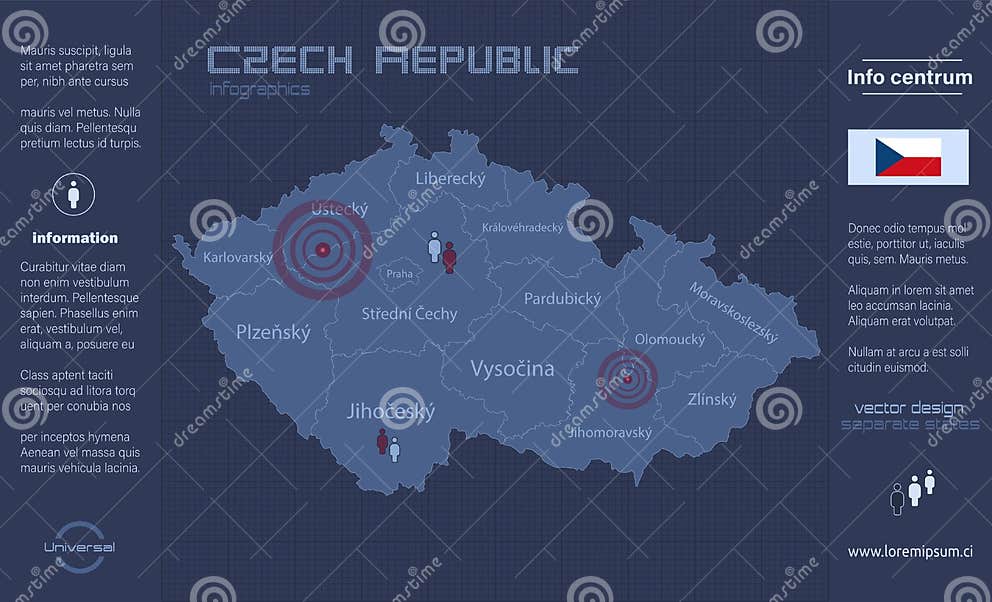 Czech Map, Separate Regions with Names, Infographics Blue Flat Design ...